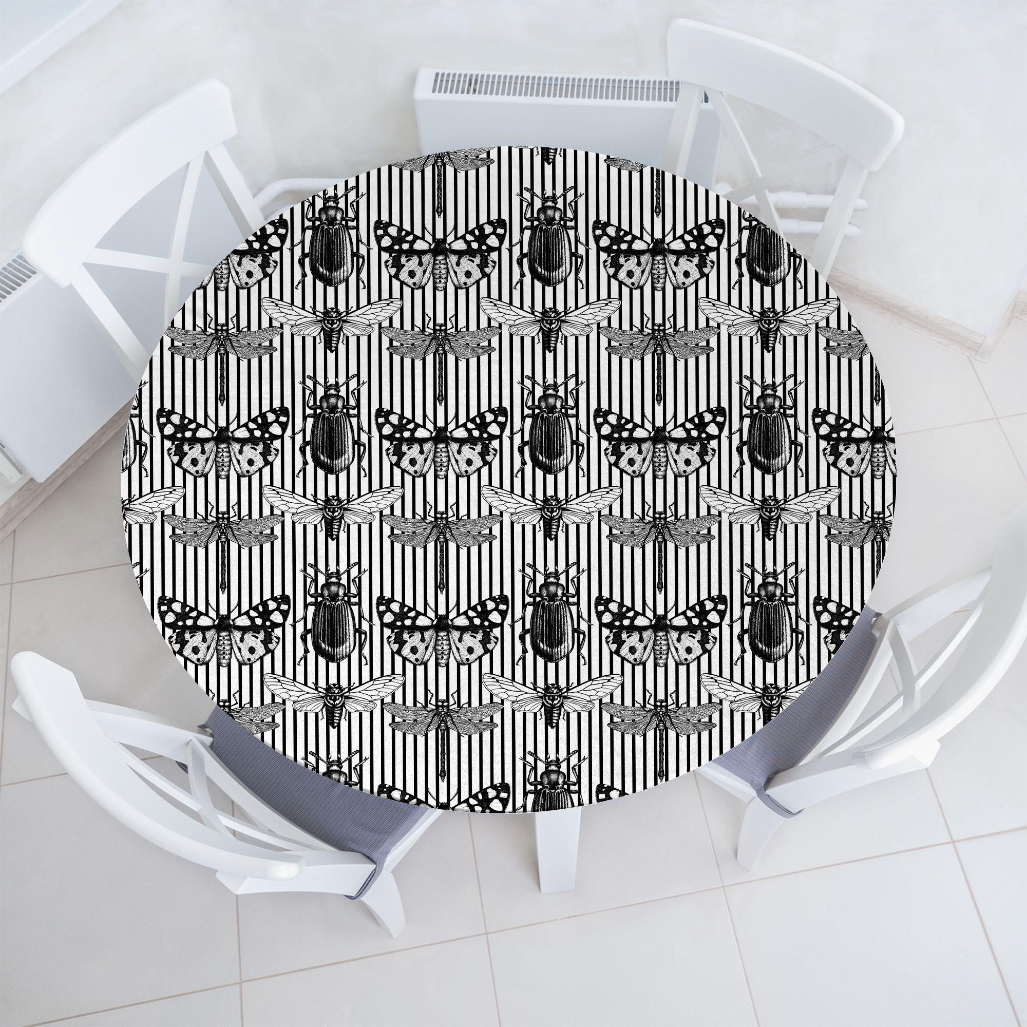 Bungalow Rose Insect Fitted Round Tablecloth Charcoal Grey and White ...