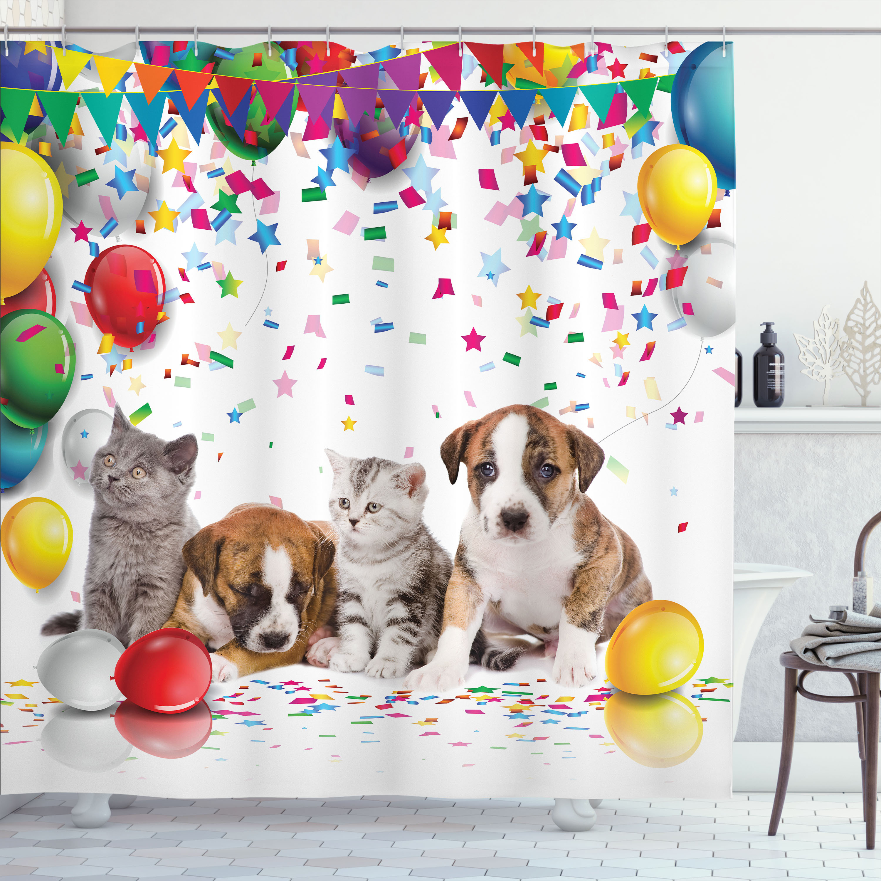 The Party Aisle™ Happy Birthday Shower Curtain Cat and Dog Party ...