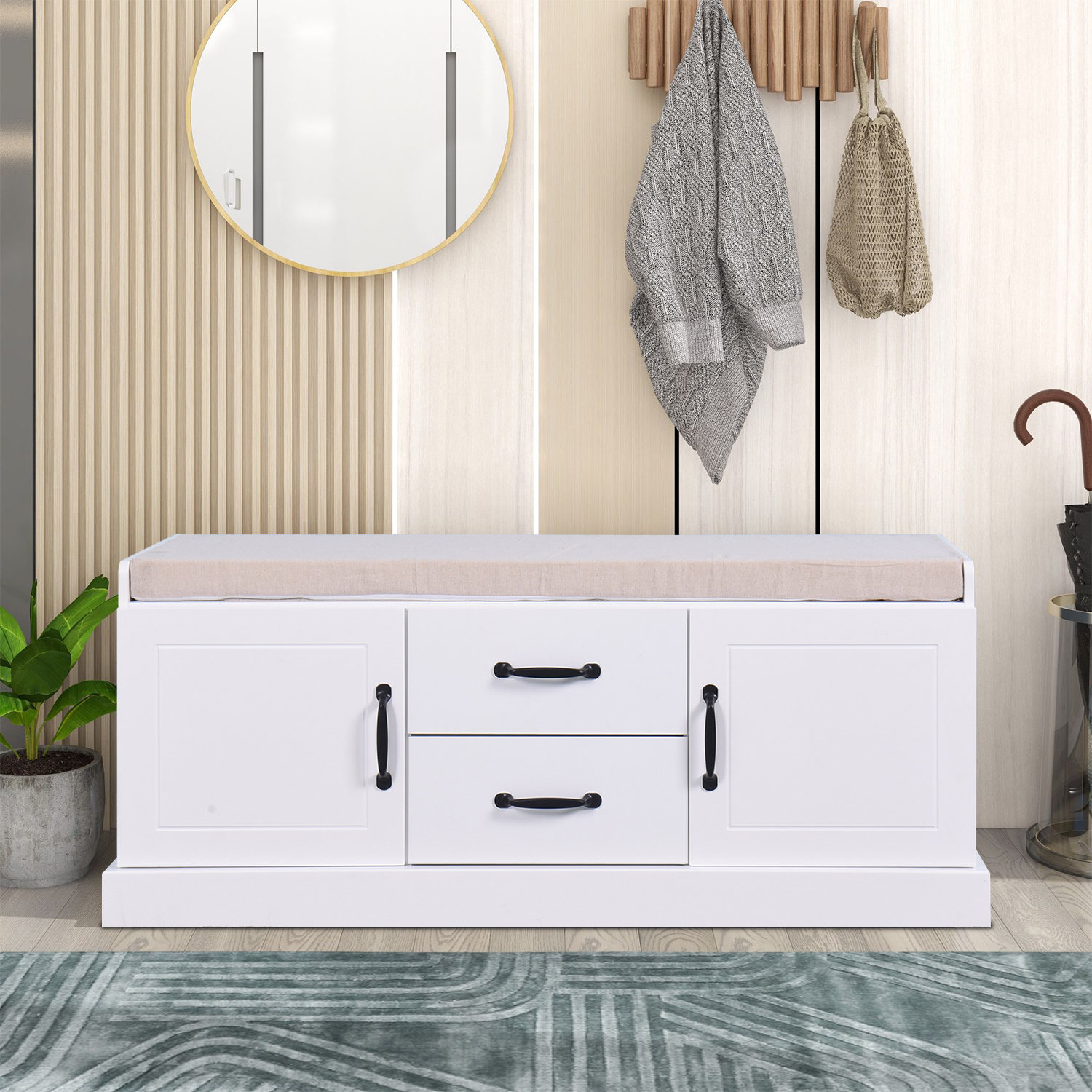 Red Barrel Studio® Wooden Shoe Storage Bench with Seat Cushion, 2 ...