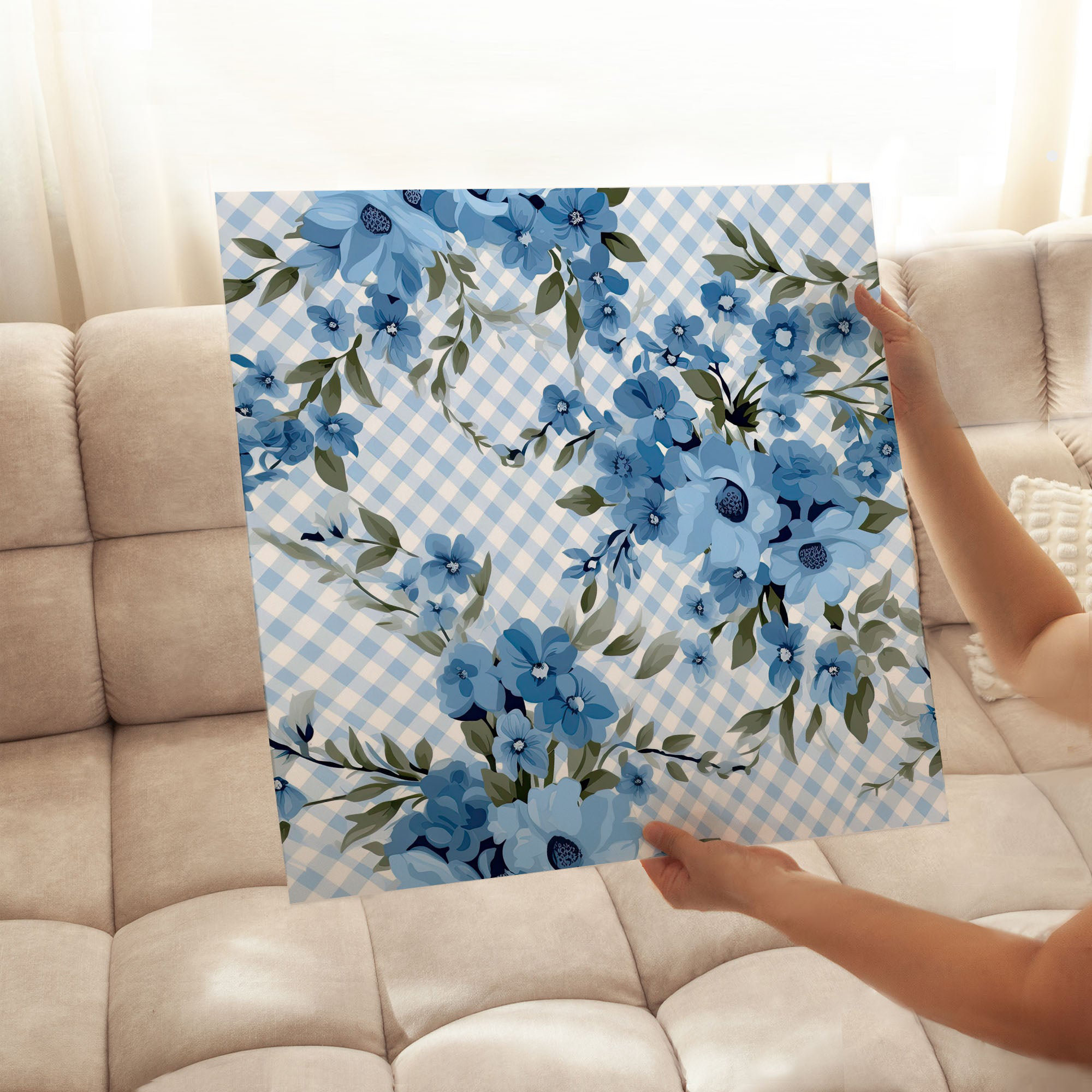 August Grove® Floral Blue Gingham Flowers IX Shabby Chic Unframed Art ...