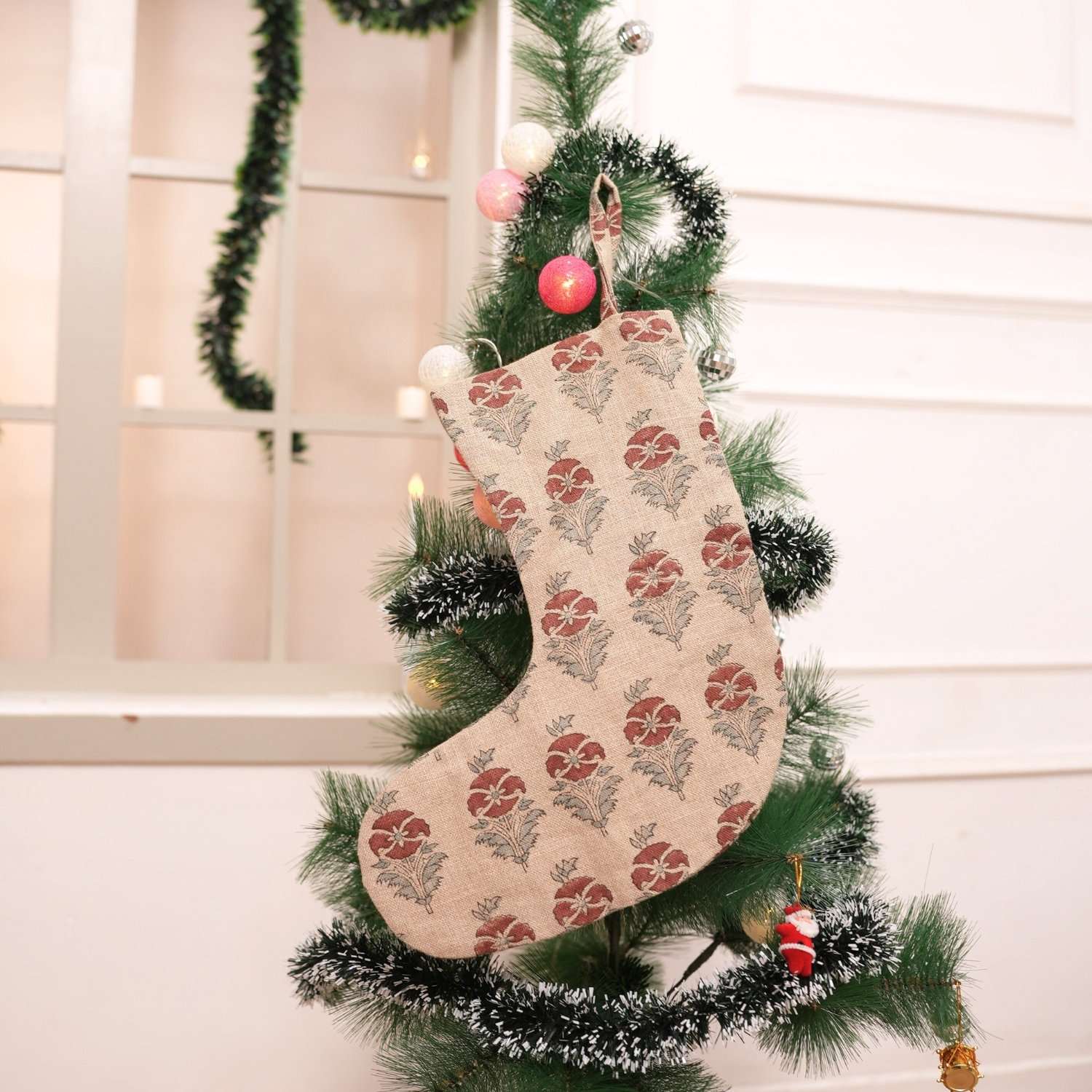 The Holiday Aisle® Boho Block Print Christmas Stocking Handmade Linen ...