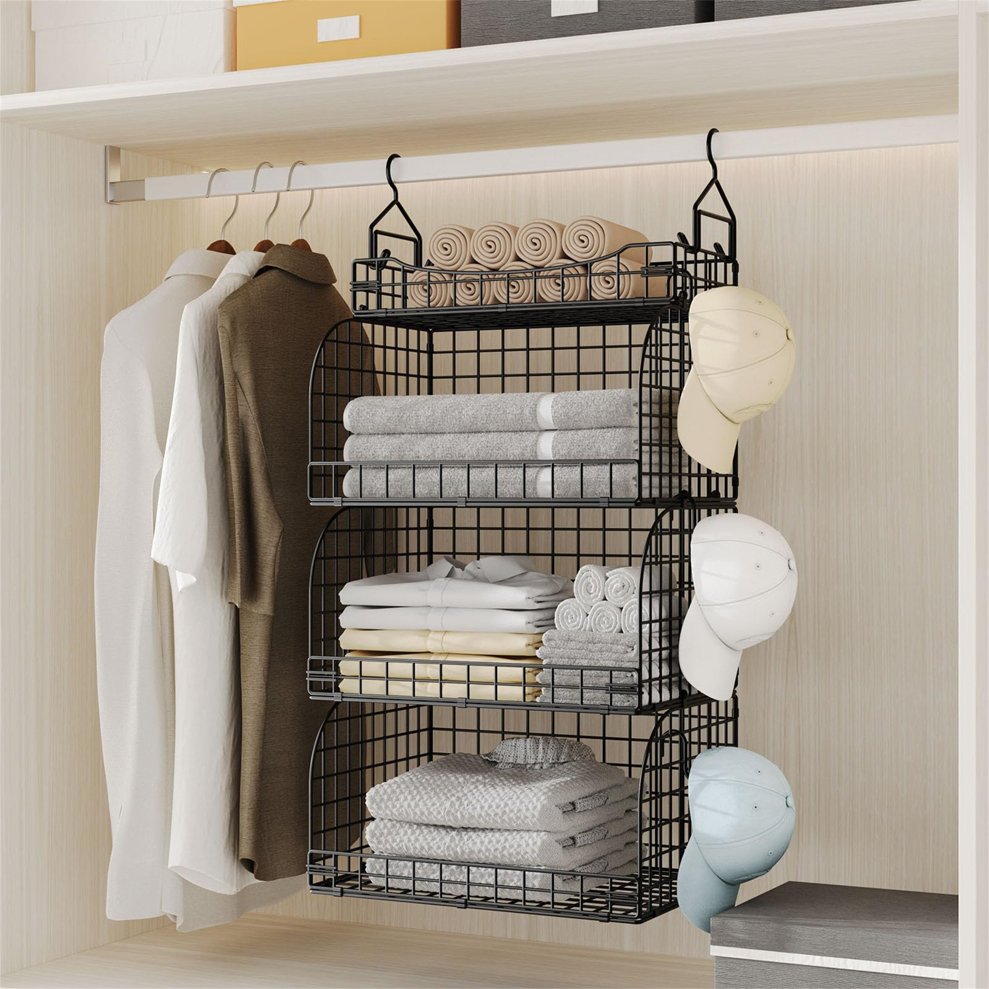 Hokku Designs Hanging Wardrobe Shelf With Dividers And S Hooks ...
