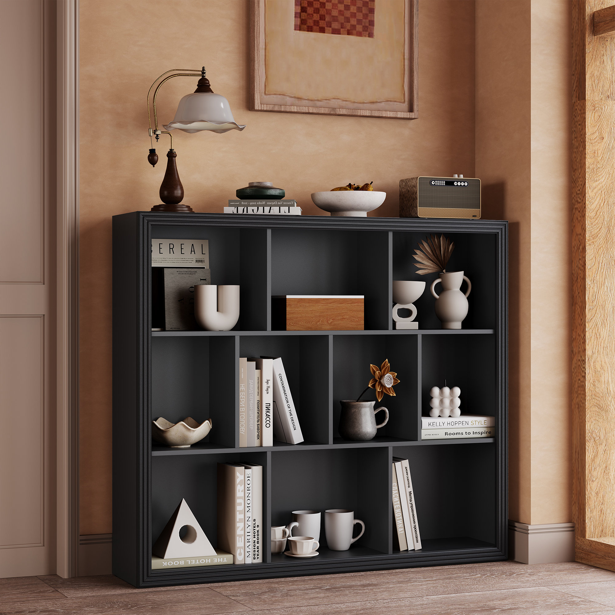 Ebern Designs 10-Compartment Vintage Bookcase Three-Tier Open Storage ...