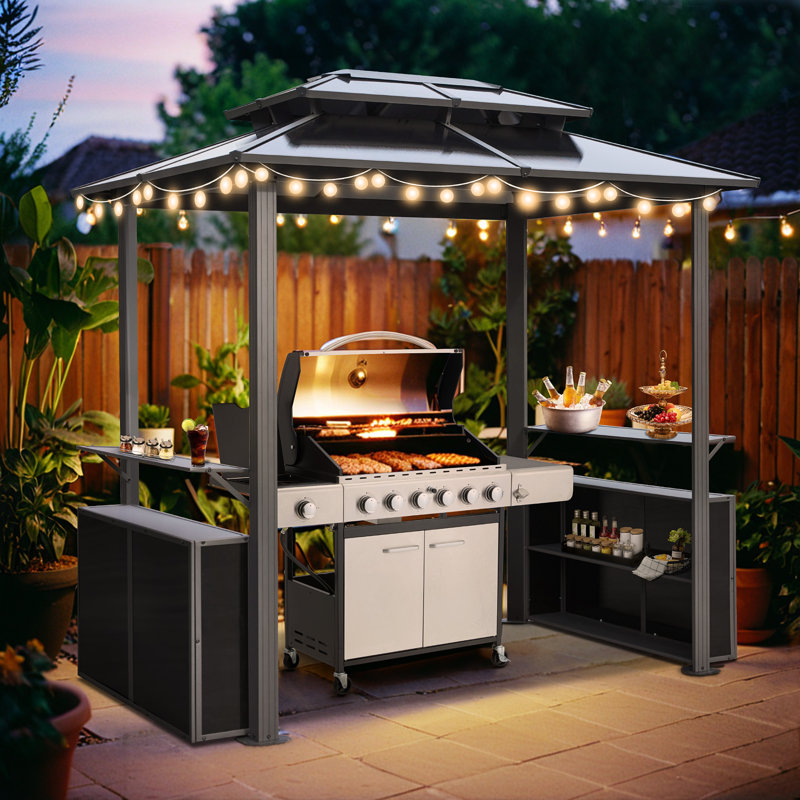 EROMMY 7 Ft. W x 5 Ft. D Aluminum Grill Gazebo with Double Plastic Roof ...