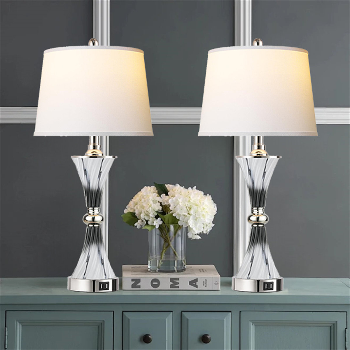 Rosdorf Park Modern 2-Pack Glass Bedside Table Lamps With 2 USB Ports ...