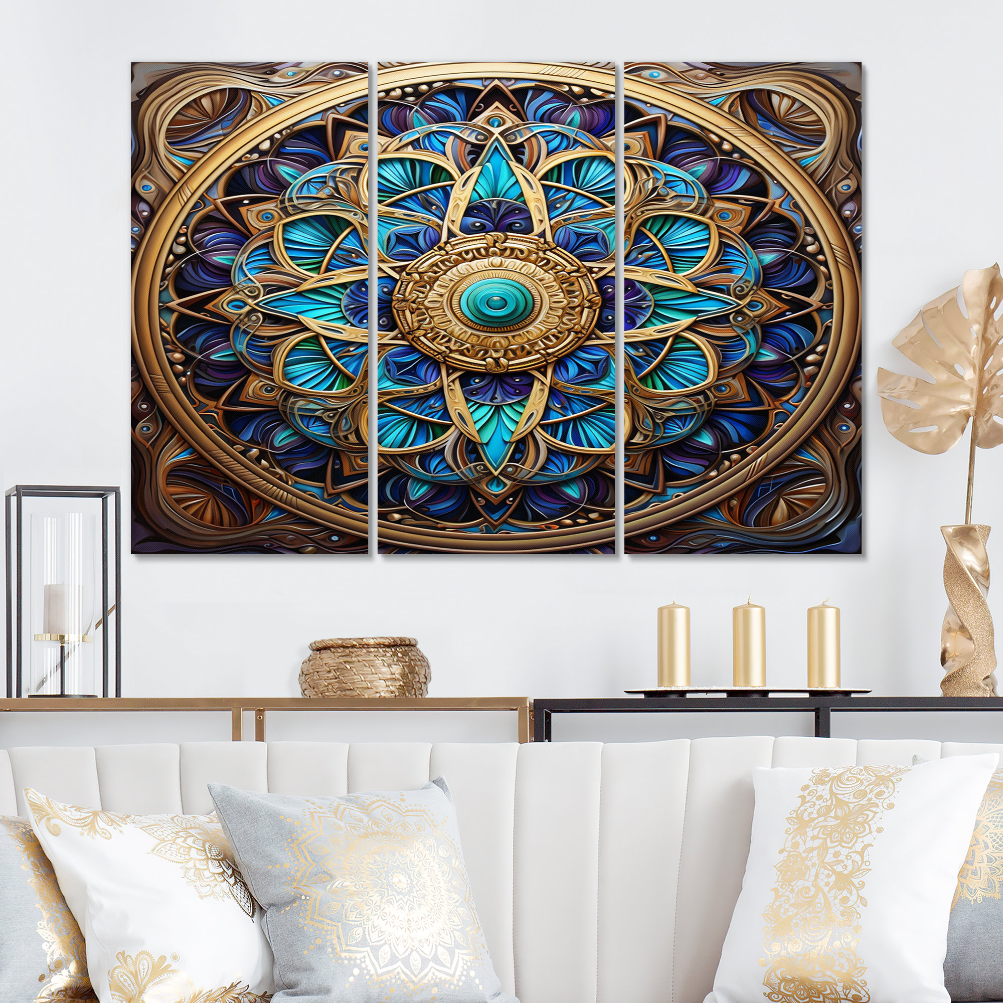 Design Art Retro Gold Floral Mandala Magic II - Boho Mandala Wall Art ...