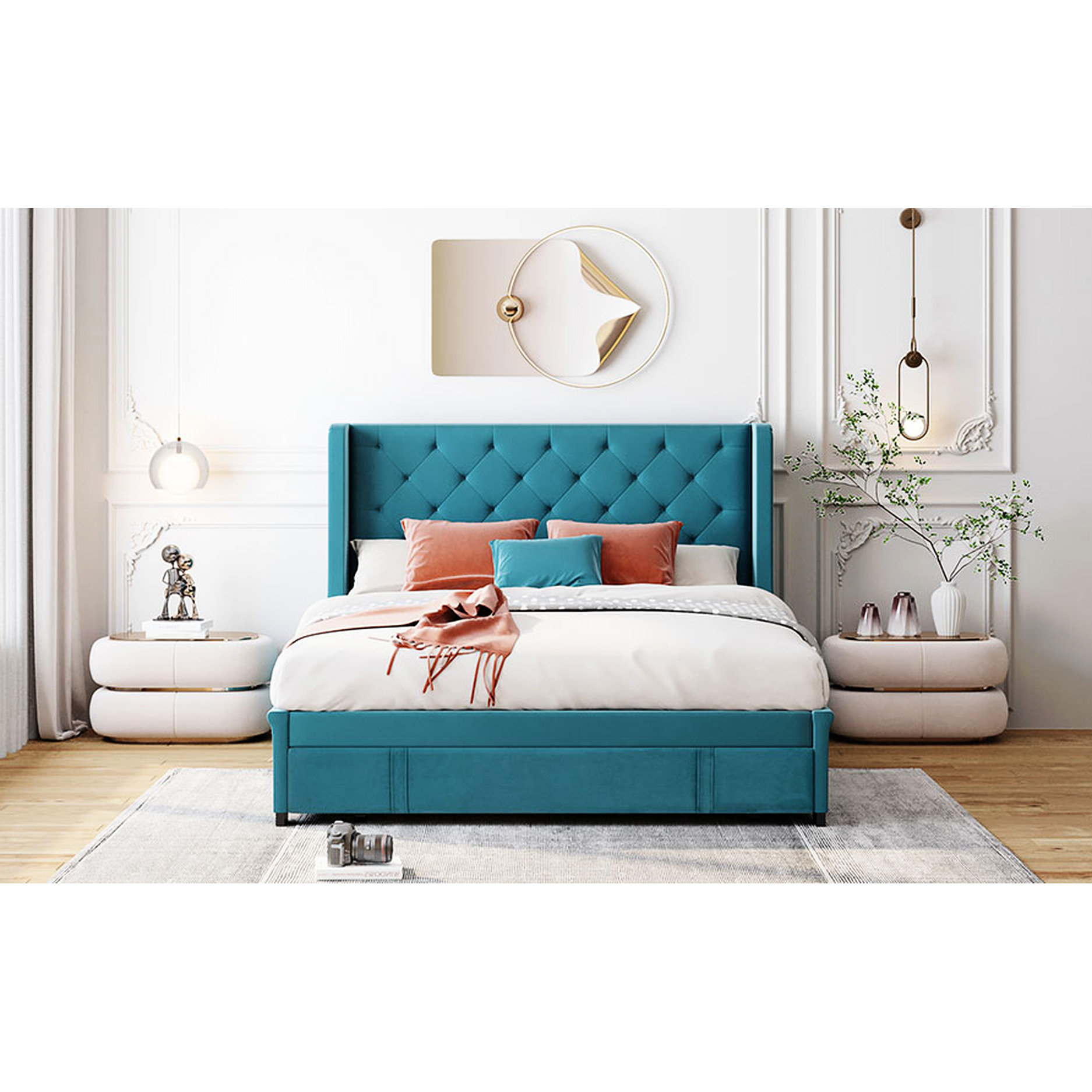 Mercer41 Upholstered Queen Platform Bed Velvet With Wingback Headboard ...