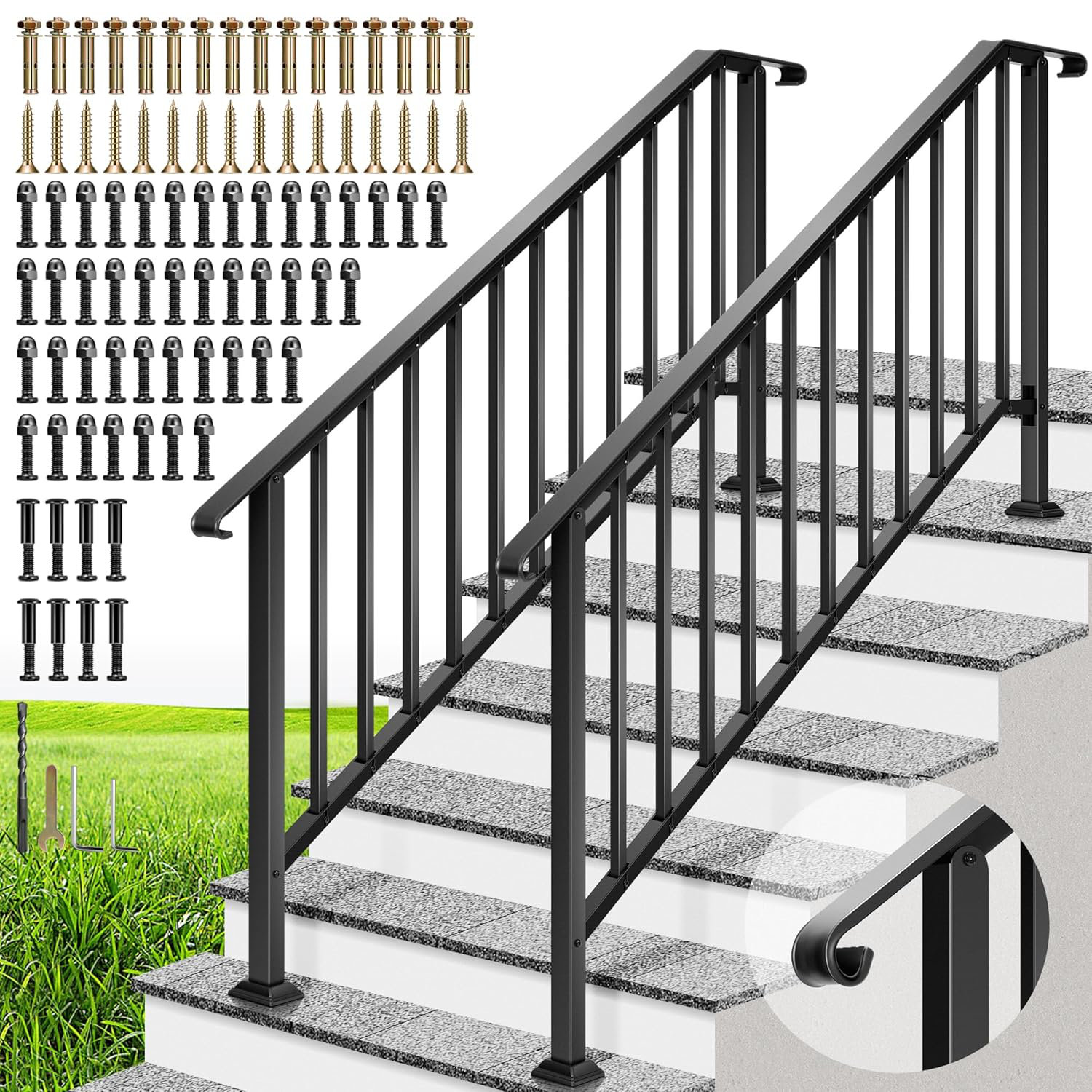 VIVOHOME Wrought Iron Curved Ends and Safty Balusters Exterior Hand ...