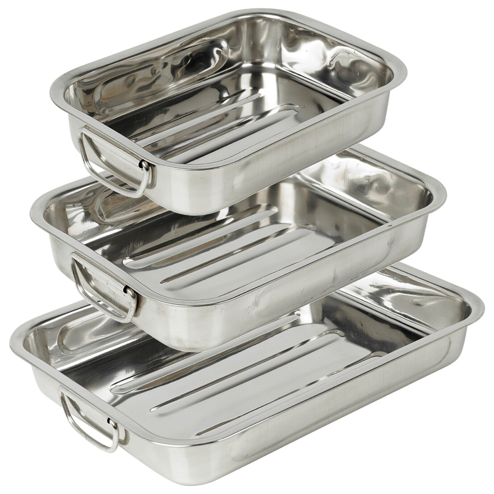 The Party Aisle 3 Pcs Stainless Steel Roasting Oven Tray Tins Dish Set ...