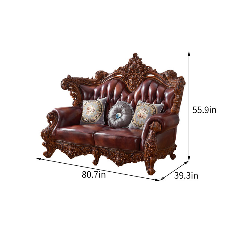 Romero European Vintage Carved Leather Sofa 80.7'' Genuine Leather ...