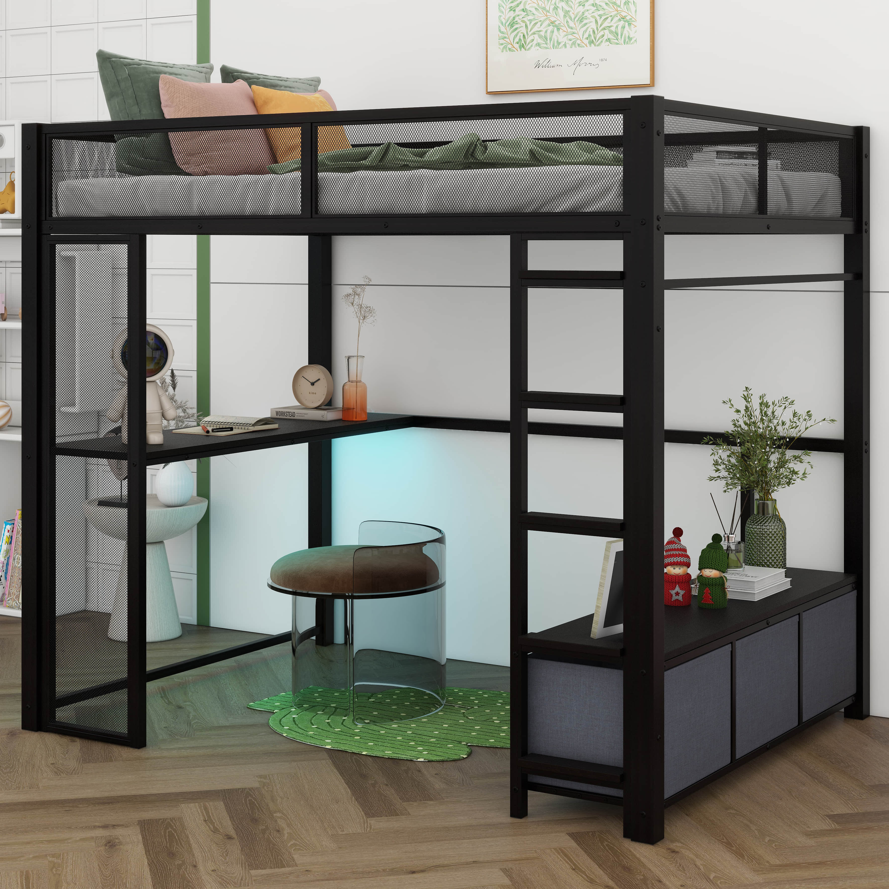 Isabelle & Max™ Full Sized Metal Loft Bed With Open Wardrobe And Led ...