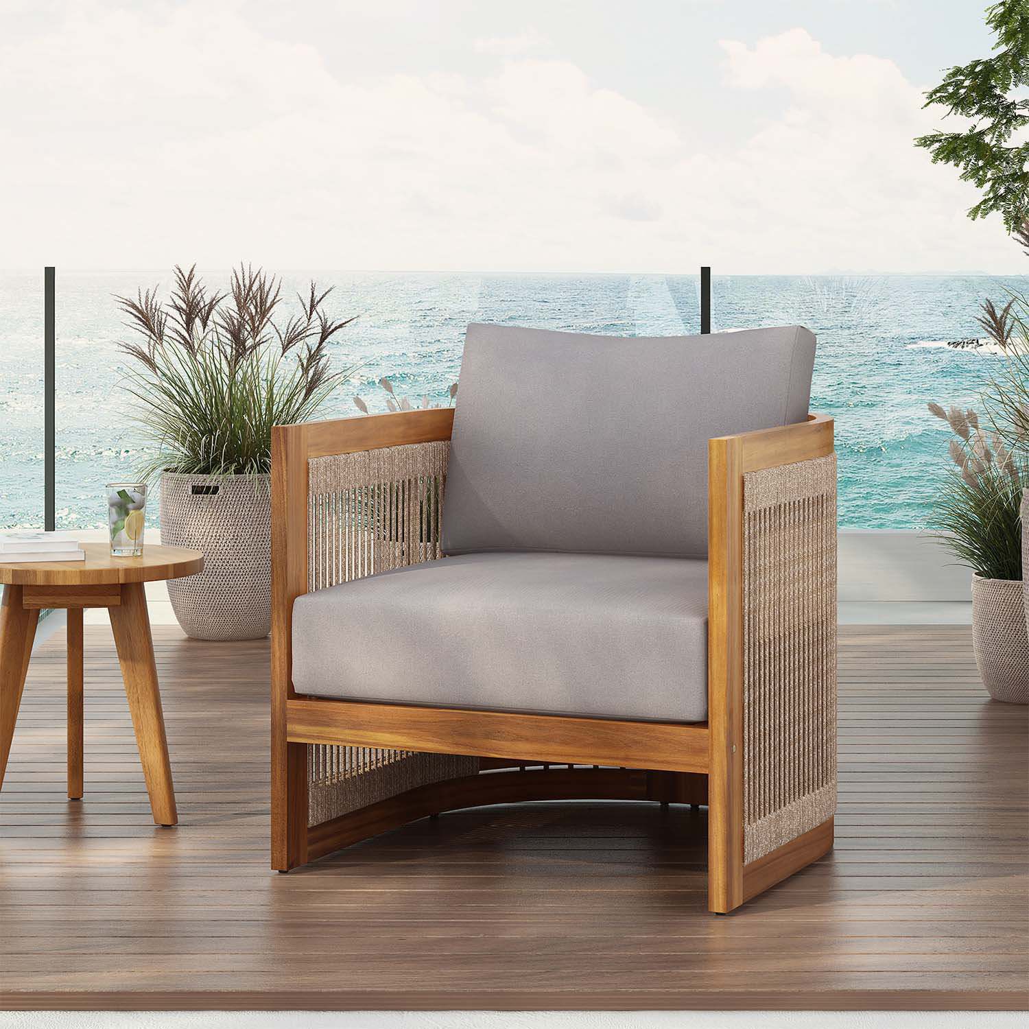 Latitude Run® Wood Club Chair,Curved Tub Design with Woven Rope Accents ...