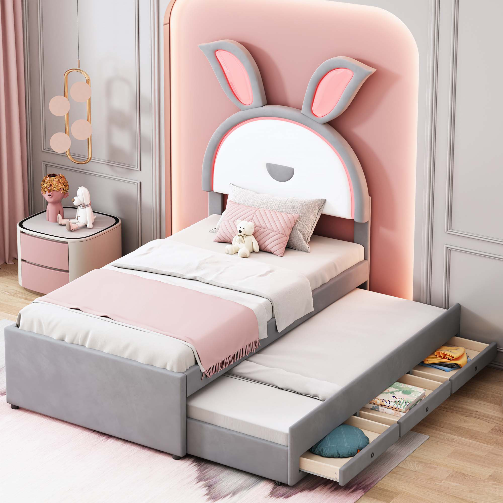 Zoomie Kids Upholstered LED Lights Platform Bed With Trundle And 3 ...