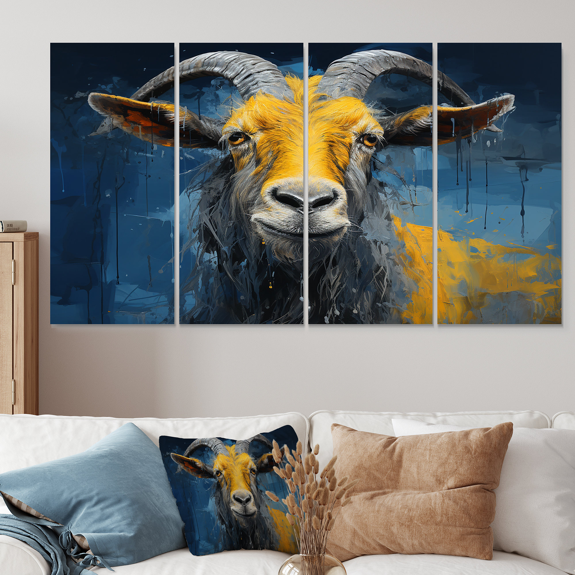 August Grove® Yellow And Blue Goat Meadow Wondering Portrait II - Goat ...