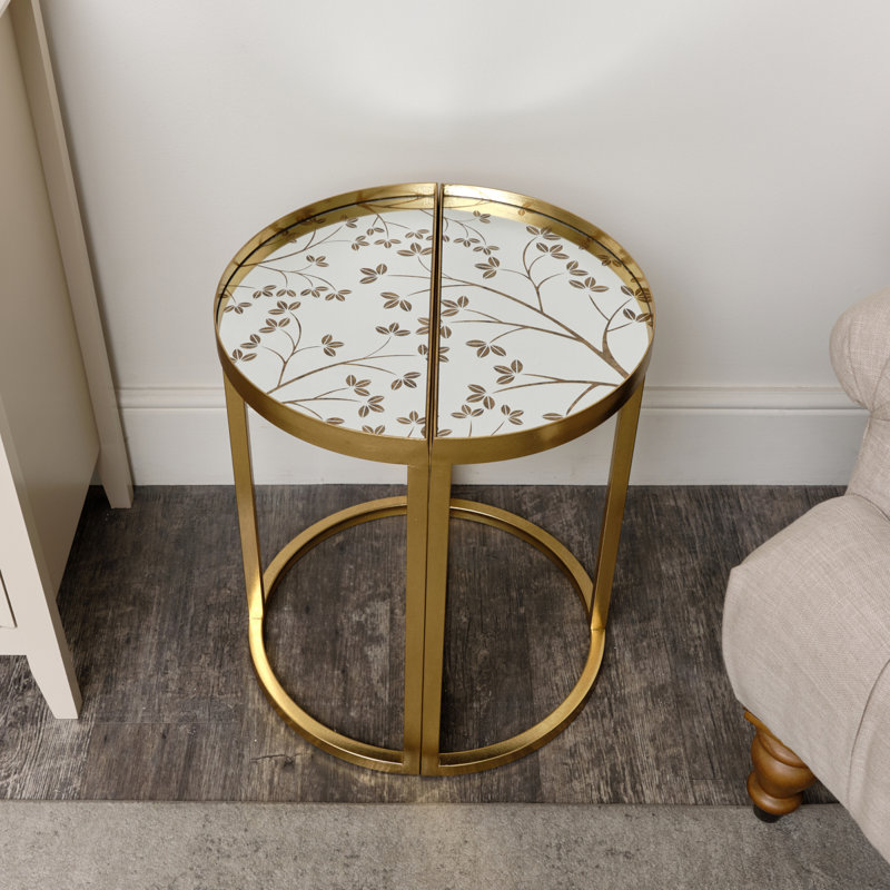 Ebern Designs Gold Set Of 2 Semi Circle Printed Mirrored Side Table ...