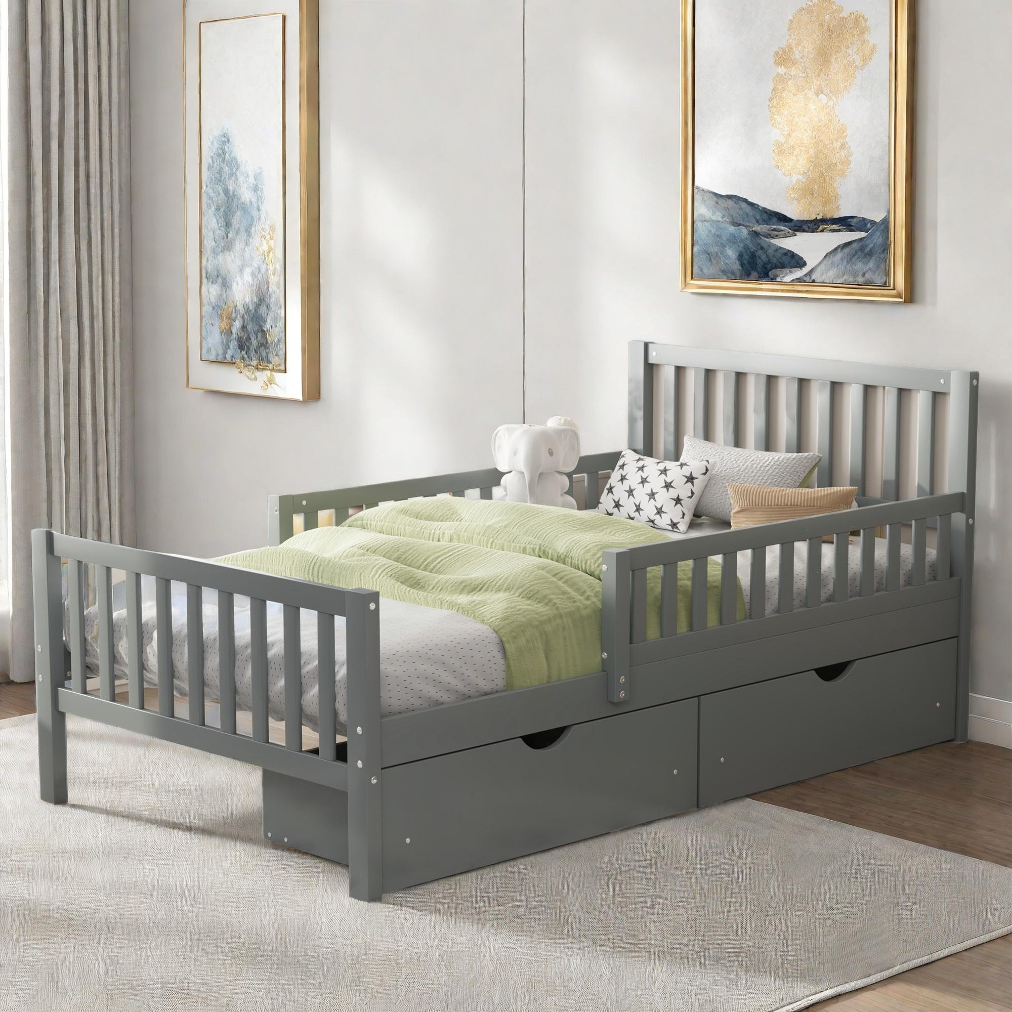 RADIANT DECOR Wood Platform Bed With Guardrails On Both Sides And Two ...