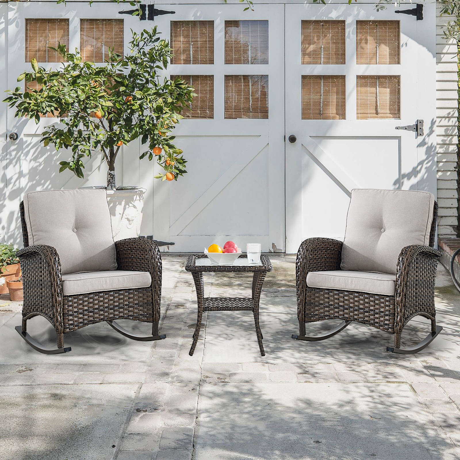 Winston Porter Tonry Wicker Rattan Outdoor Rocking Chair Set | Wayfair
