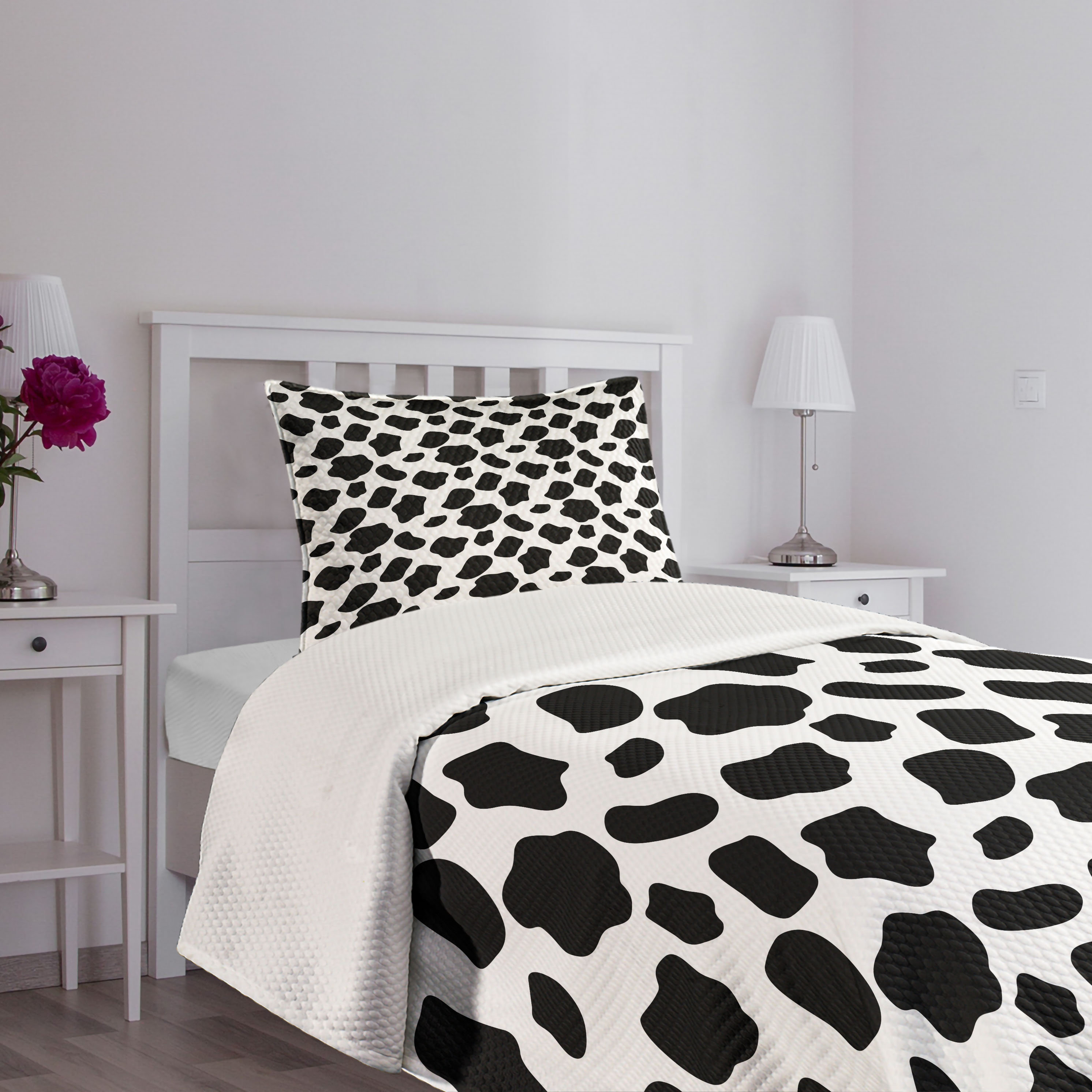 Ambesonne Cow Print Bedspread Set Cow Skin with Spots White Black | Wayfair