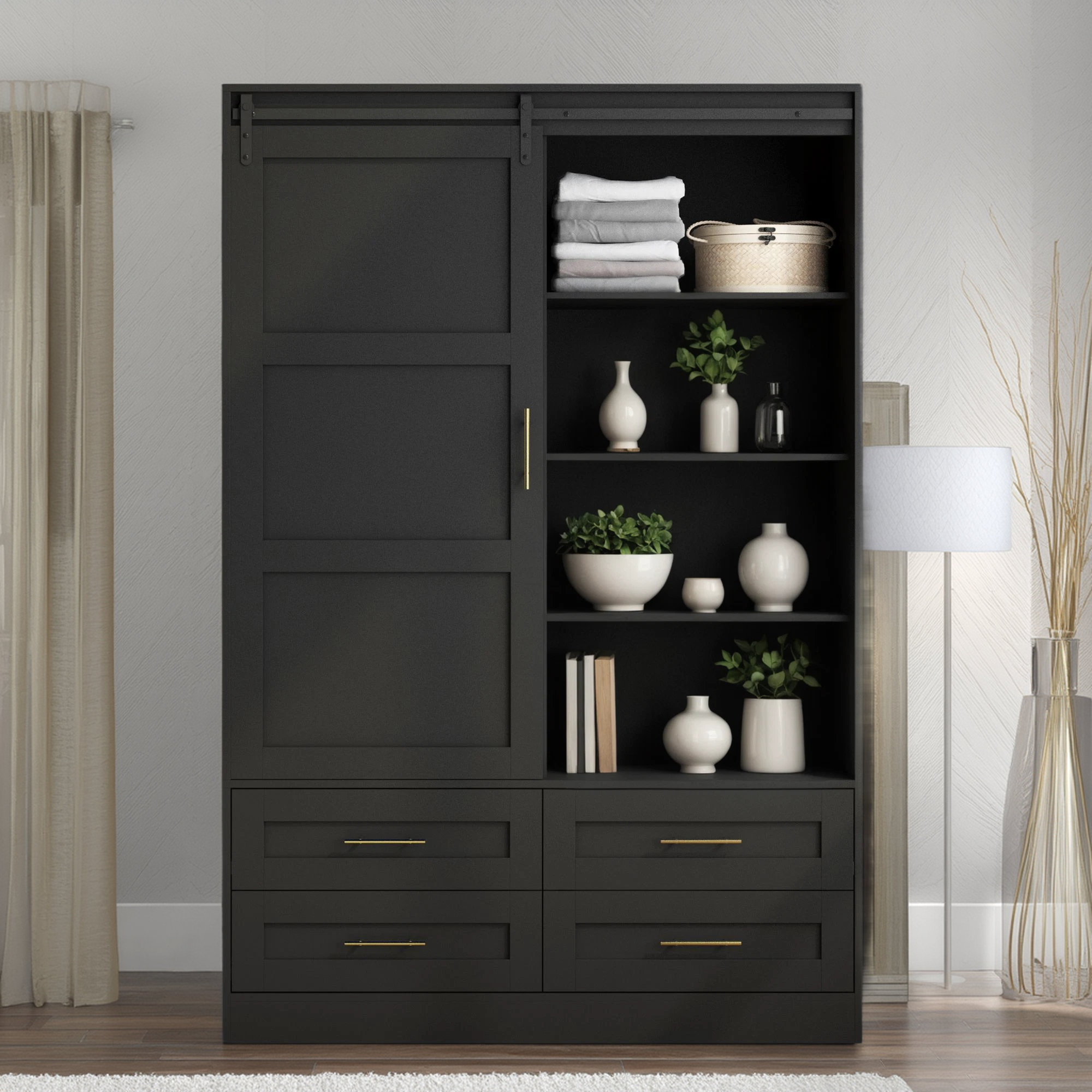 Dovecove Tall Bedroom Wardrobe With Rails, Barn Doors, Drawers And Open ...