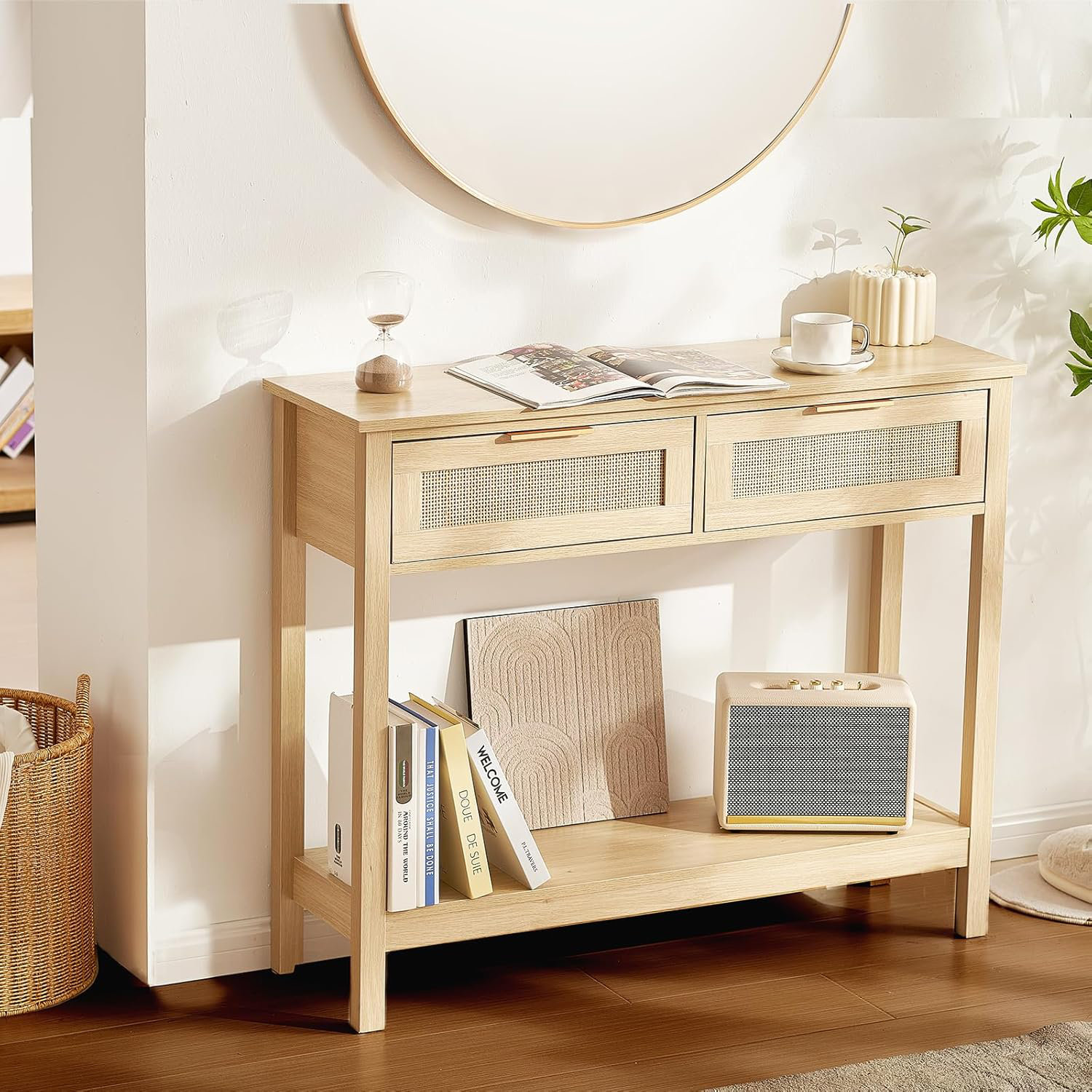 Bayou Breeze Rattan Console Table With 2 Storage Drawers, Rattan ...