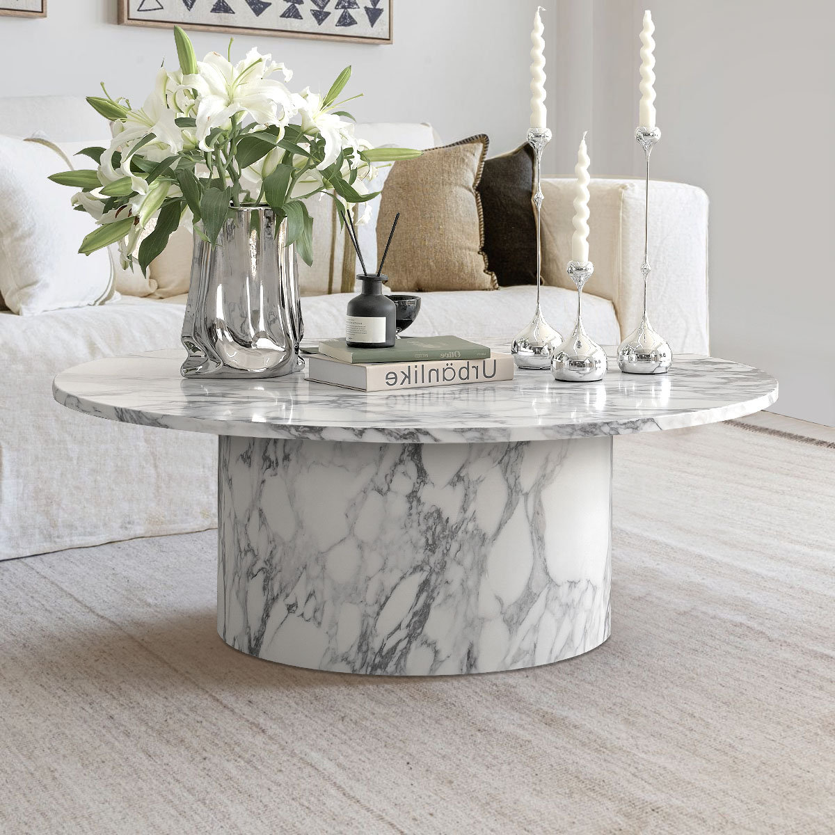 Wrought Studio™ Asherville 40" Faux Marble Round Pedestal Coffee Table ...