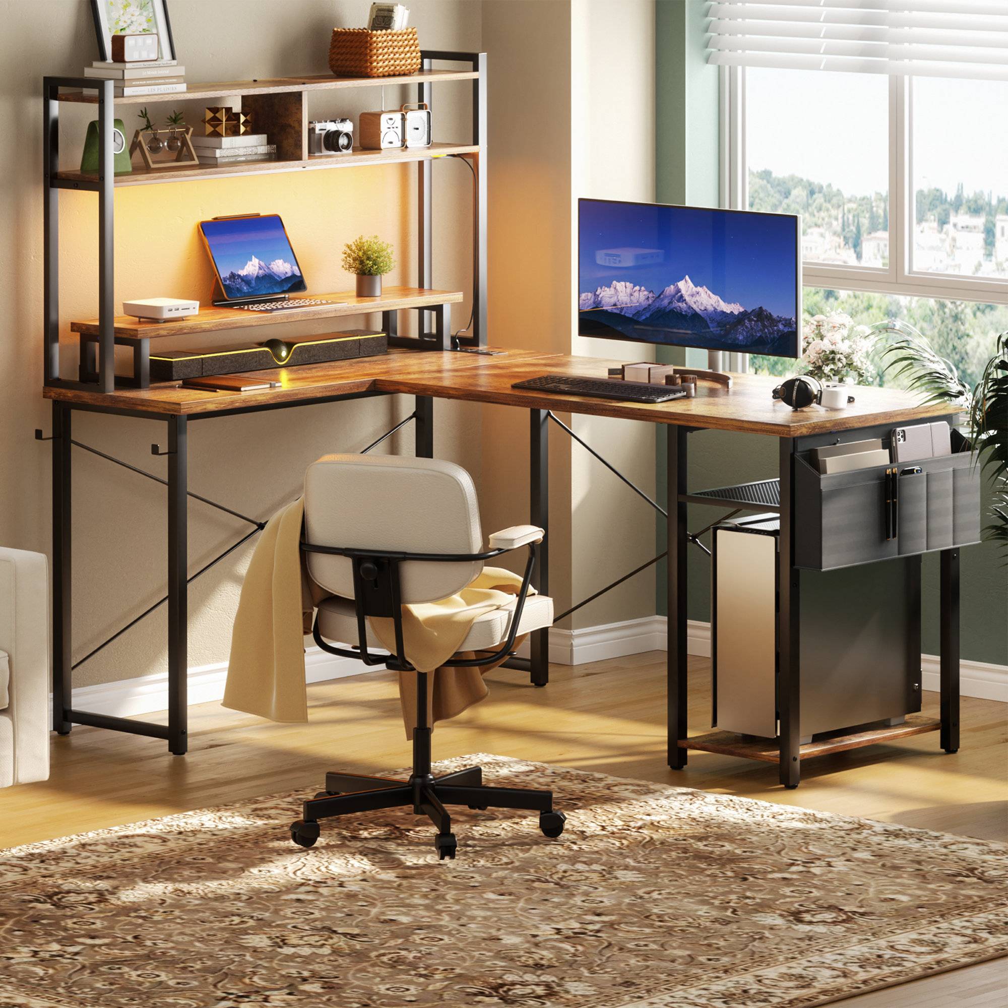Ebern Designs L Shaped Computer Home Office Desk with Hutch, Power ...