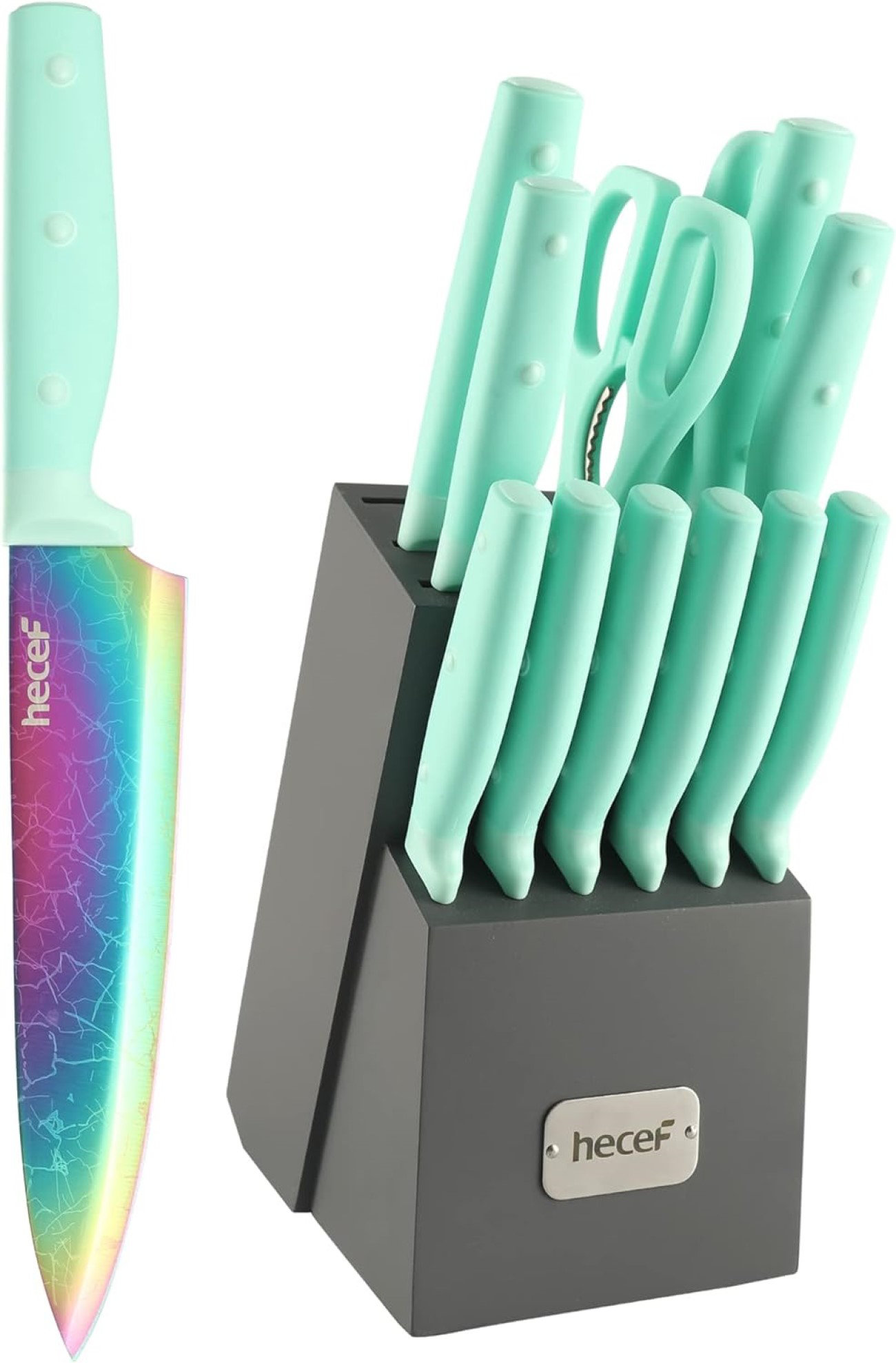 BLASIVE 14 Pieces Knife Set with Block Rainbow Titanium Knives Set with ...