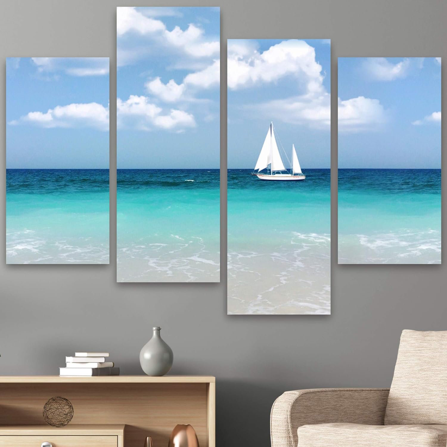 IDEA4WALL Coastal Beach Beach with Sailboat in Vast Blue Ocean Extra ...