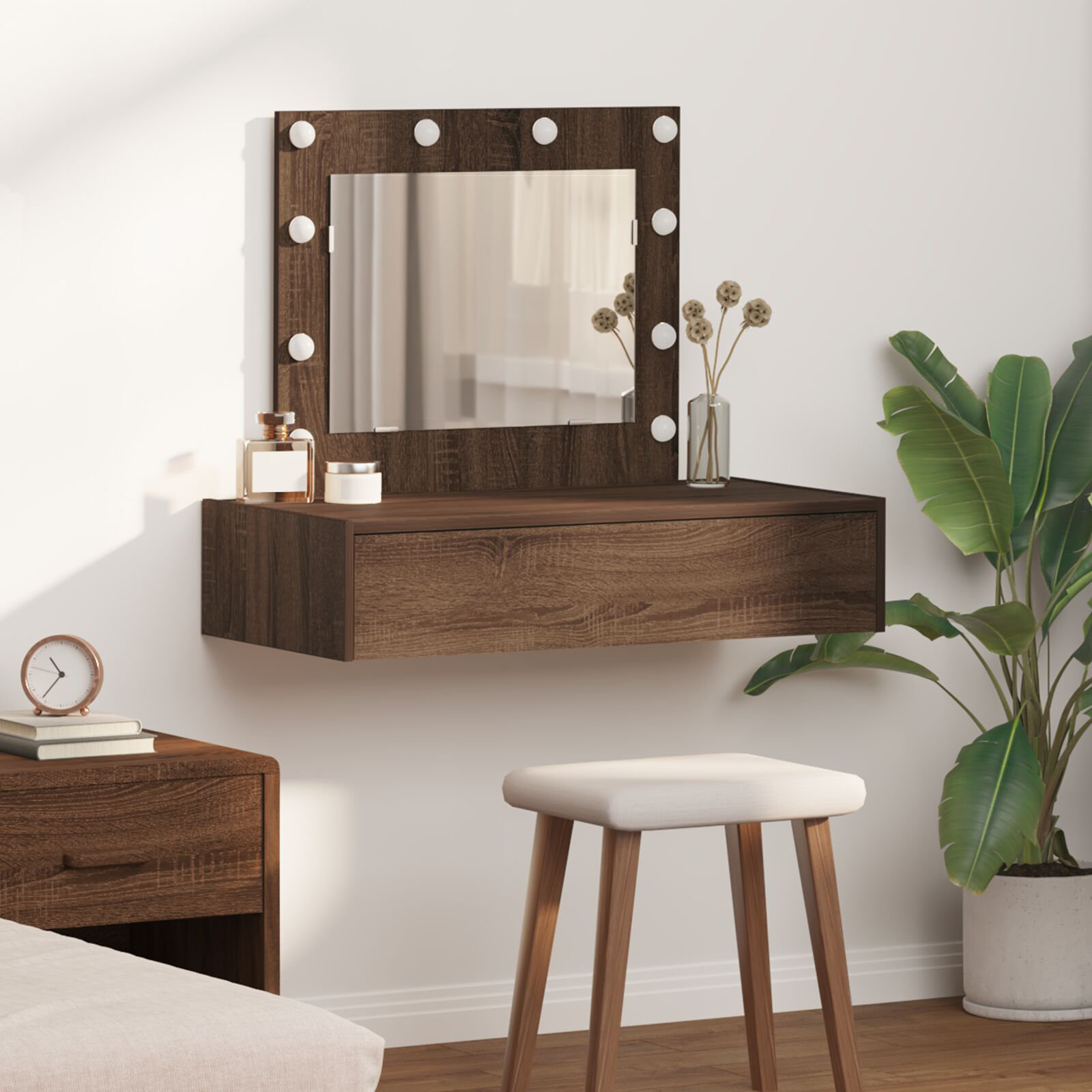 vidaXL Wall Hanging Dressing Table with LED Lights Brown Oak | Wayfair