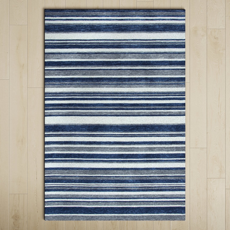 Birch Lane™ Villa Striped Handmade Tufted Blue/Gray Indoor / Outdoor ...