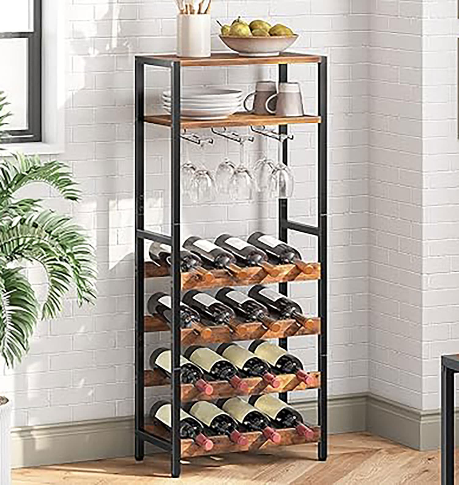 17 Stories Rustic Brown 16-Bottle Wine Storage Rack: 6-Tiered Bar Rack ...