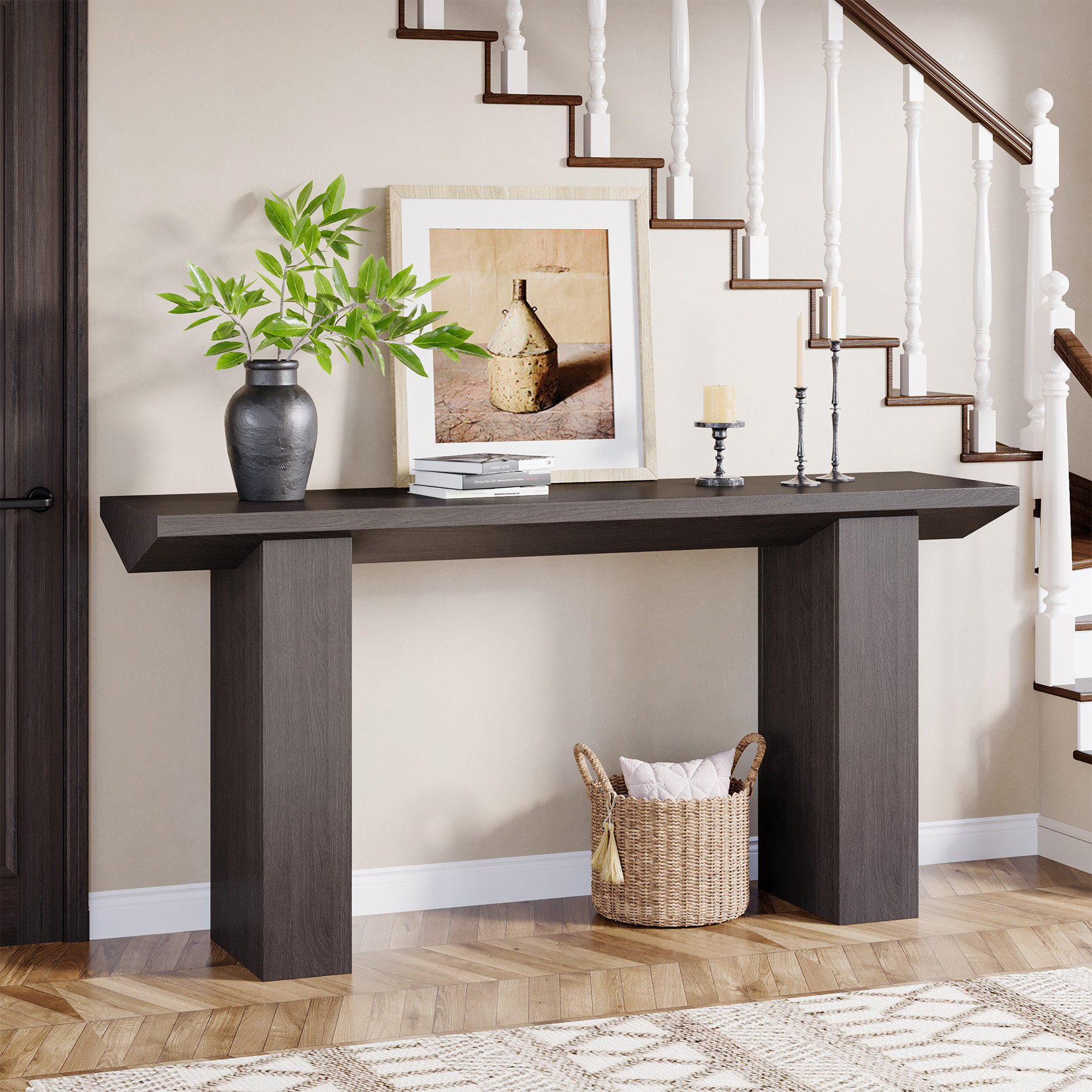 Ebern Designs 63-inch Long Console Table, Farmhouse Wooden Narrow Sofa ...