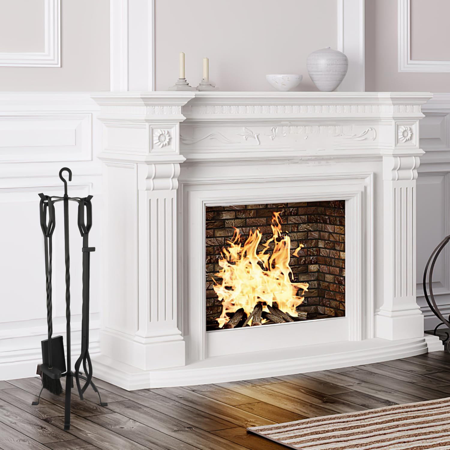 Latitude Run® 5-Piece Fireplace Tool Set With Stand - Black Wrought ...