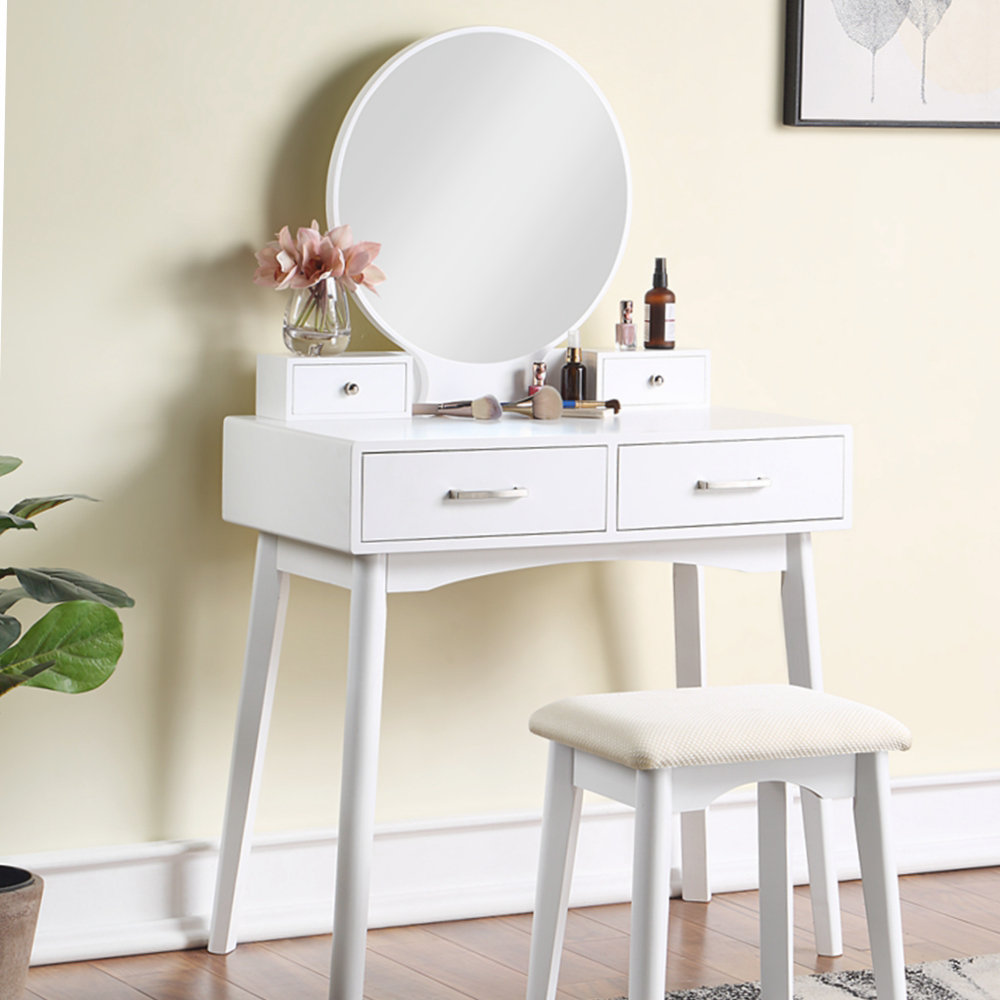 George Oliver Make-Up Vanity Table and Stool Set with round mirrorand ...