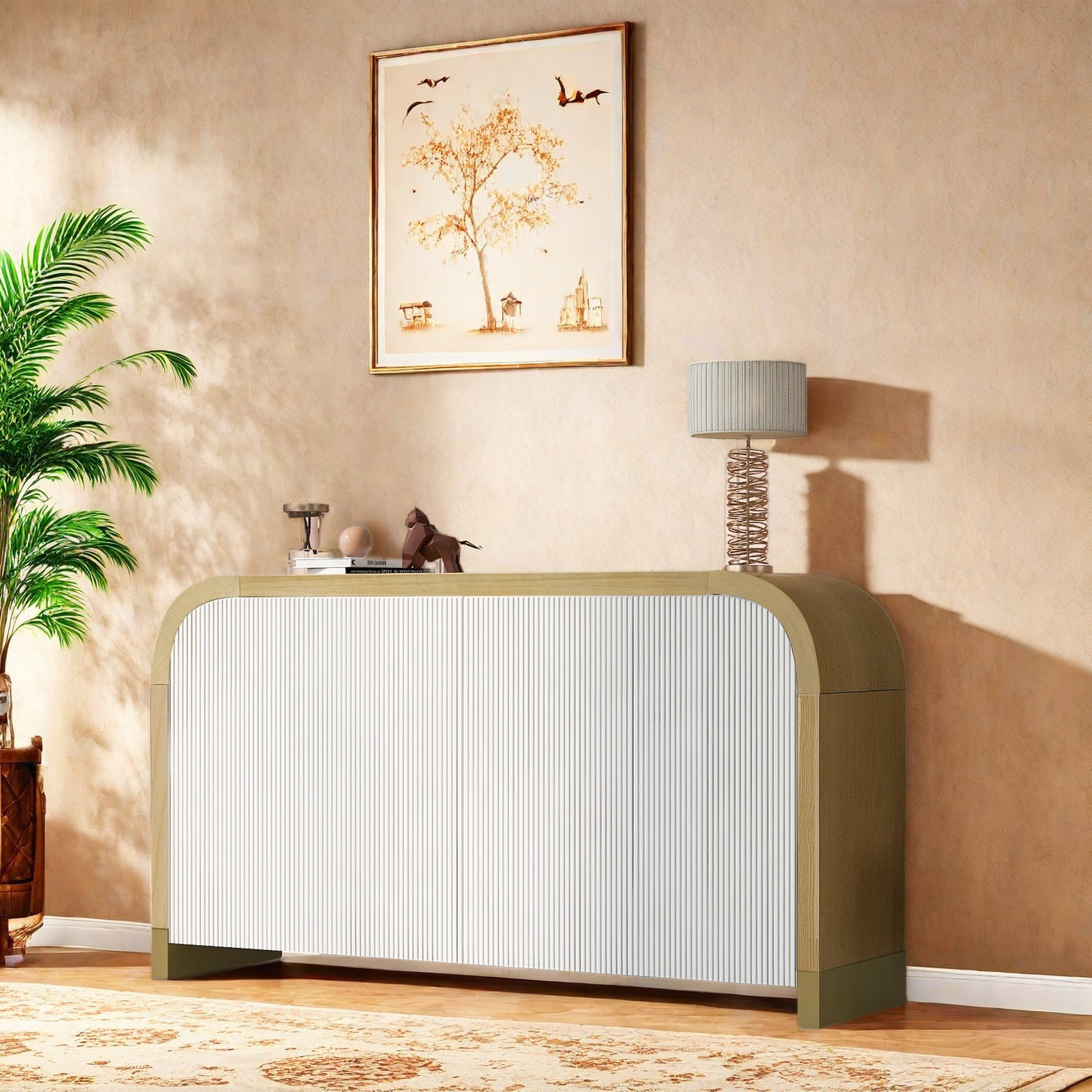 Mercer41 Curved Corner Wavy Panel Cabinet With Adjustable Shelves And ...