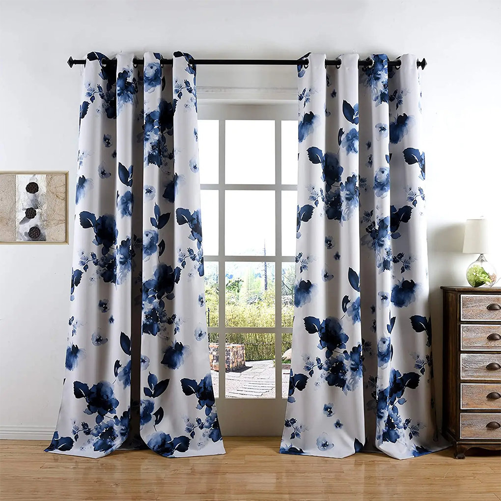 Winston Porter Blue Flower Pattern Blackout Window Curtain | Wayfair