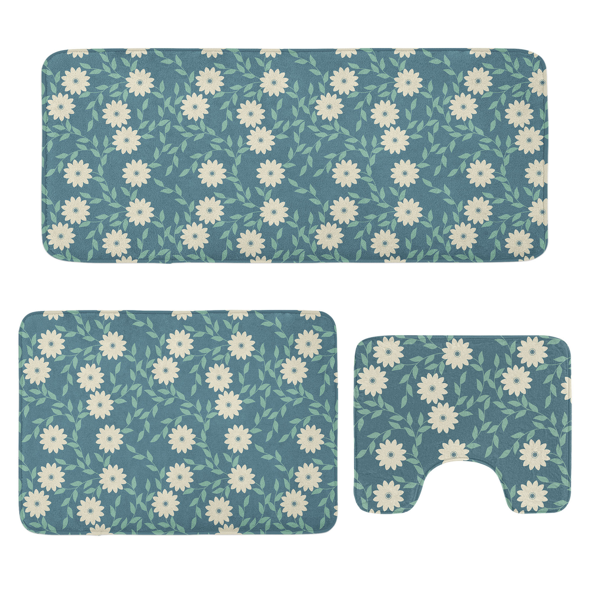 East Urban Home Ivory and Blue Bathroom Rug Set 3 Pieces U-Shape ...
