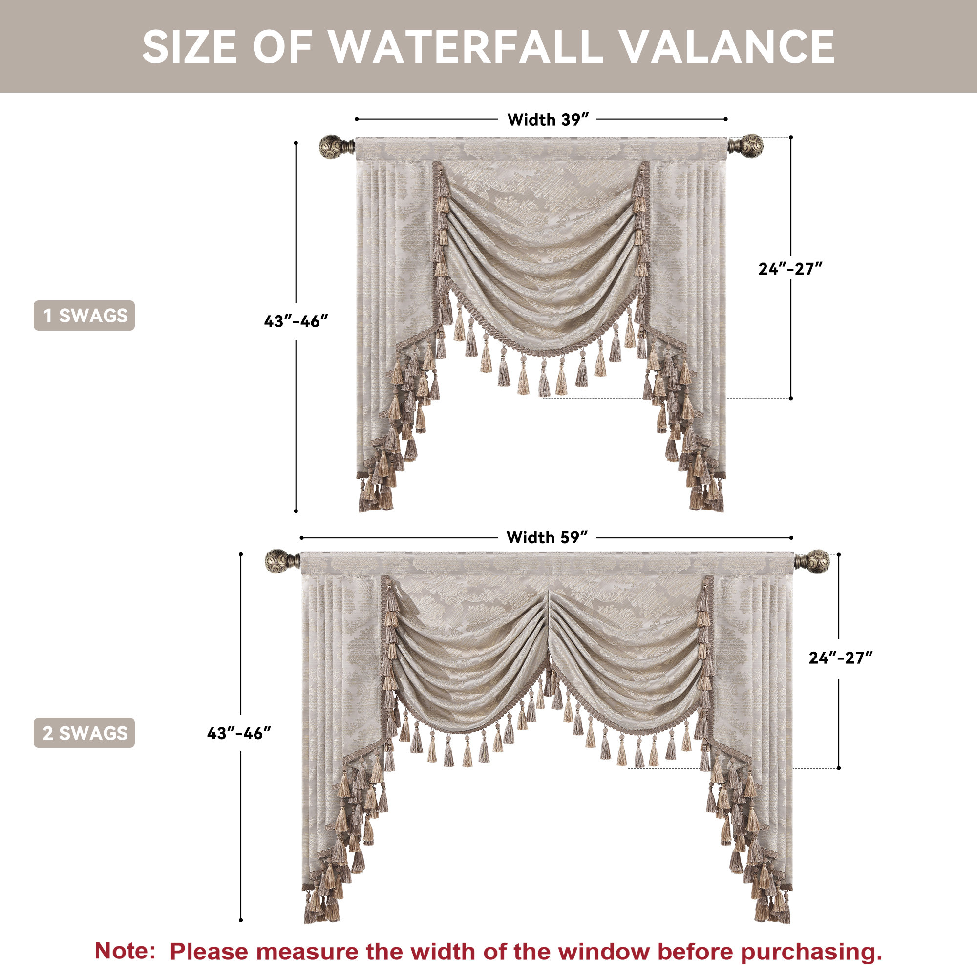 TOPLUXE Elegant Swag Valance with Tassels, Beige Jacquard Waterfall ...