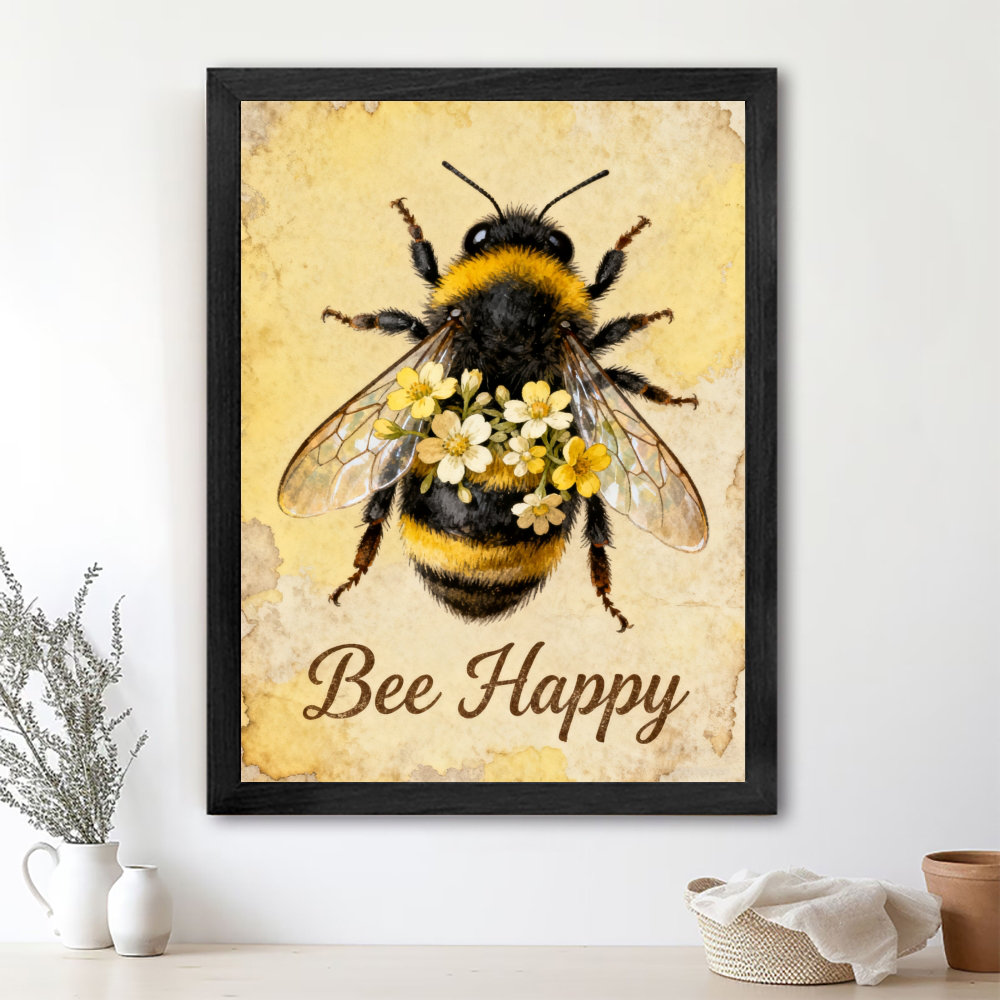 Winston Porter Black Framed Vintage Bee Happy Wall Art Retro Style ...