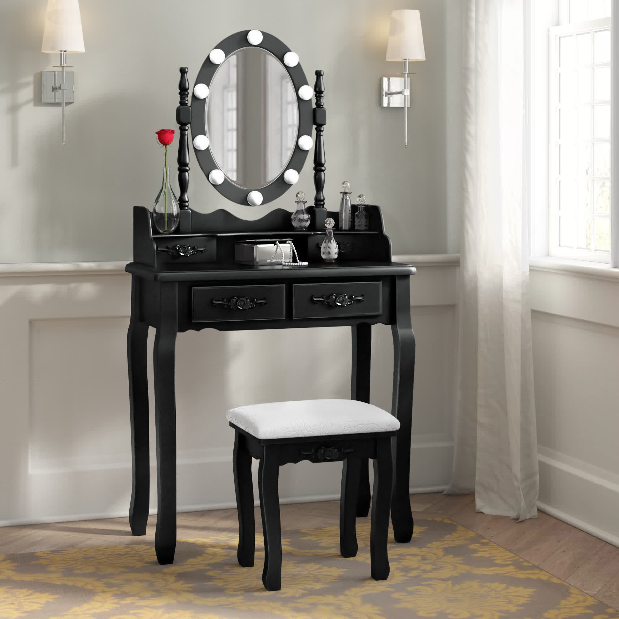 Alcott Hill Solid Wood Vanity Set with Stool and Mirror & Reviews | Wayfair