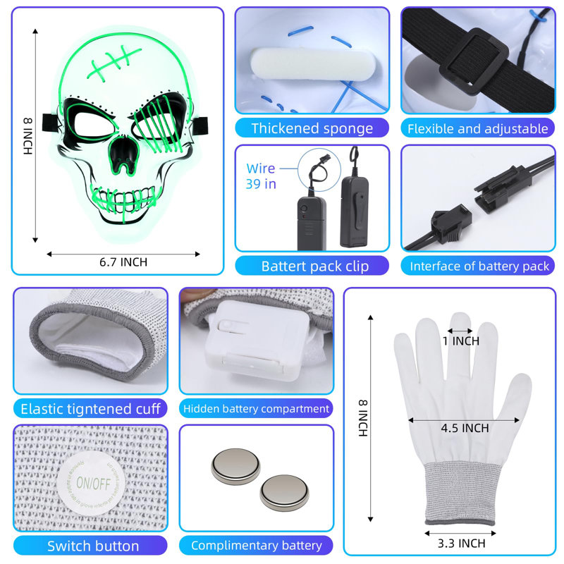 The Holiday Aisle® Halloween Mask Skeleton Gloves Set, Light Up Scary ...