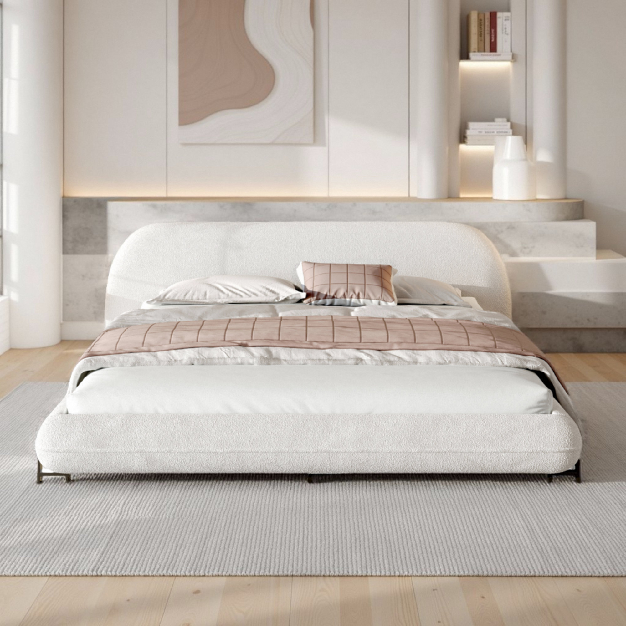 Corrigan Studio® Curved Boucle Fabric Platform Bed Frame with Thick ...