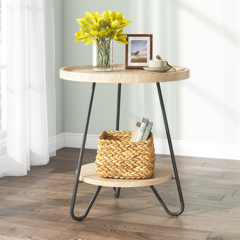 17 Stories Wooden End Table, 2-Tier Round Side Table With Black Metal ...