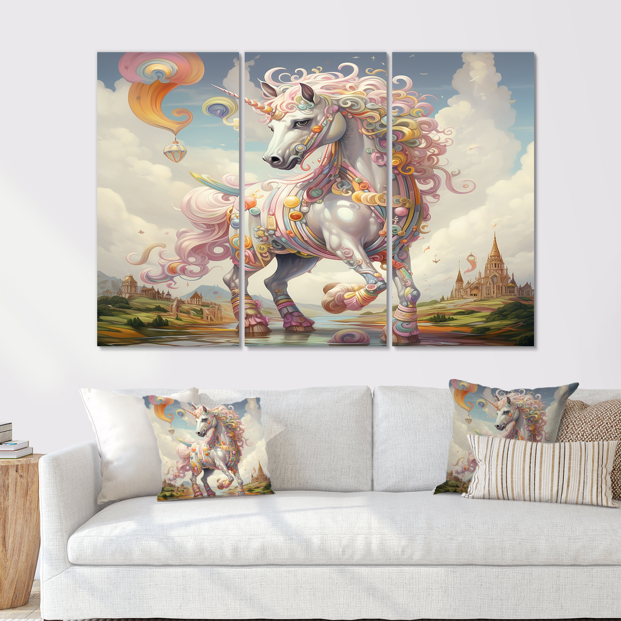 Design Art Fancy White Unicorn With Pink Pastel Manes - Unicorns Wall ...
