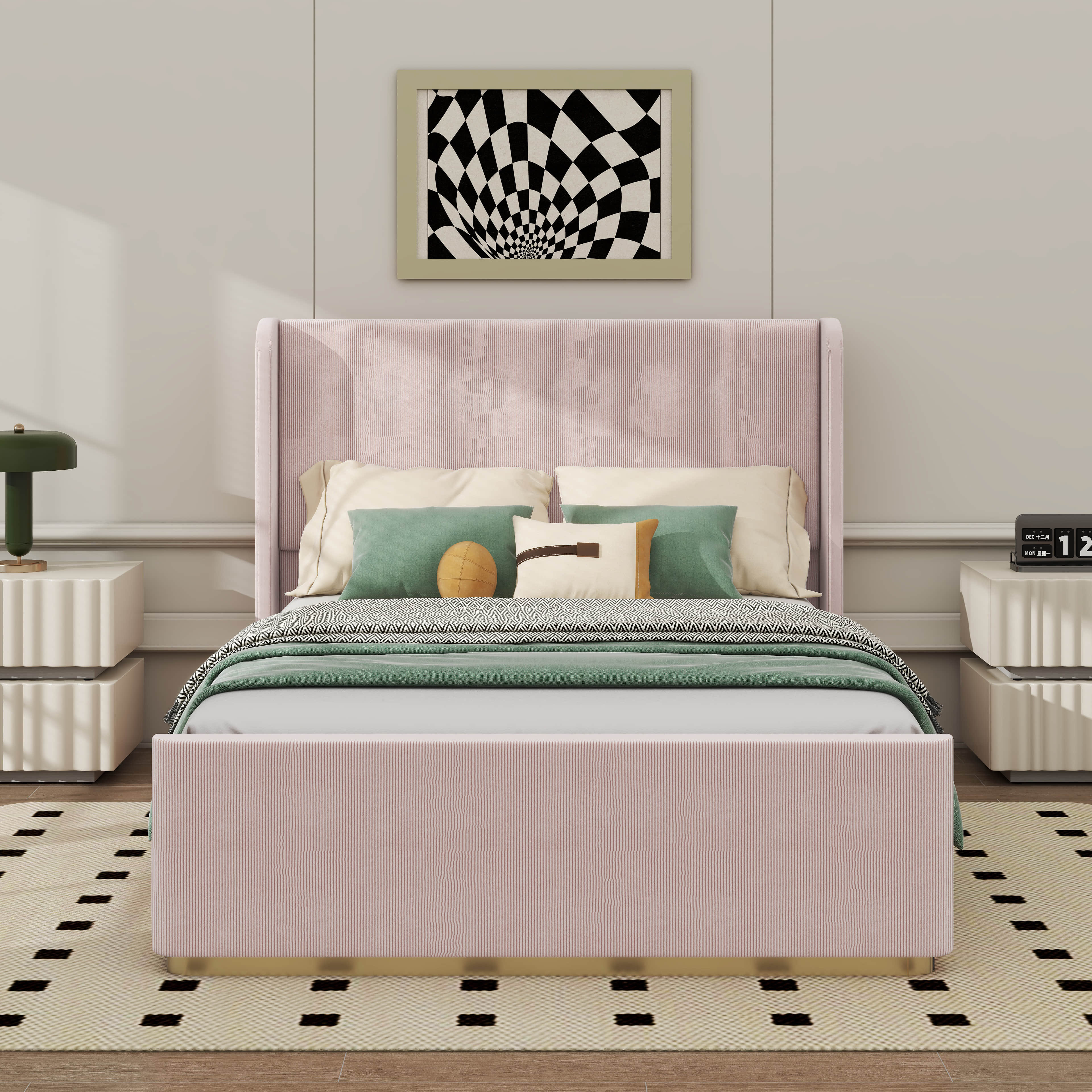 House of Hampton Striped Corduroy Upholstered Bed With Elegant Wingback ...