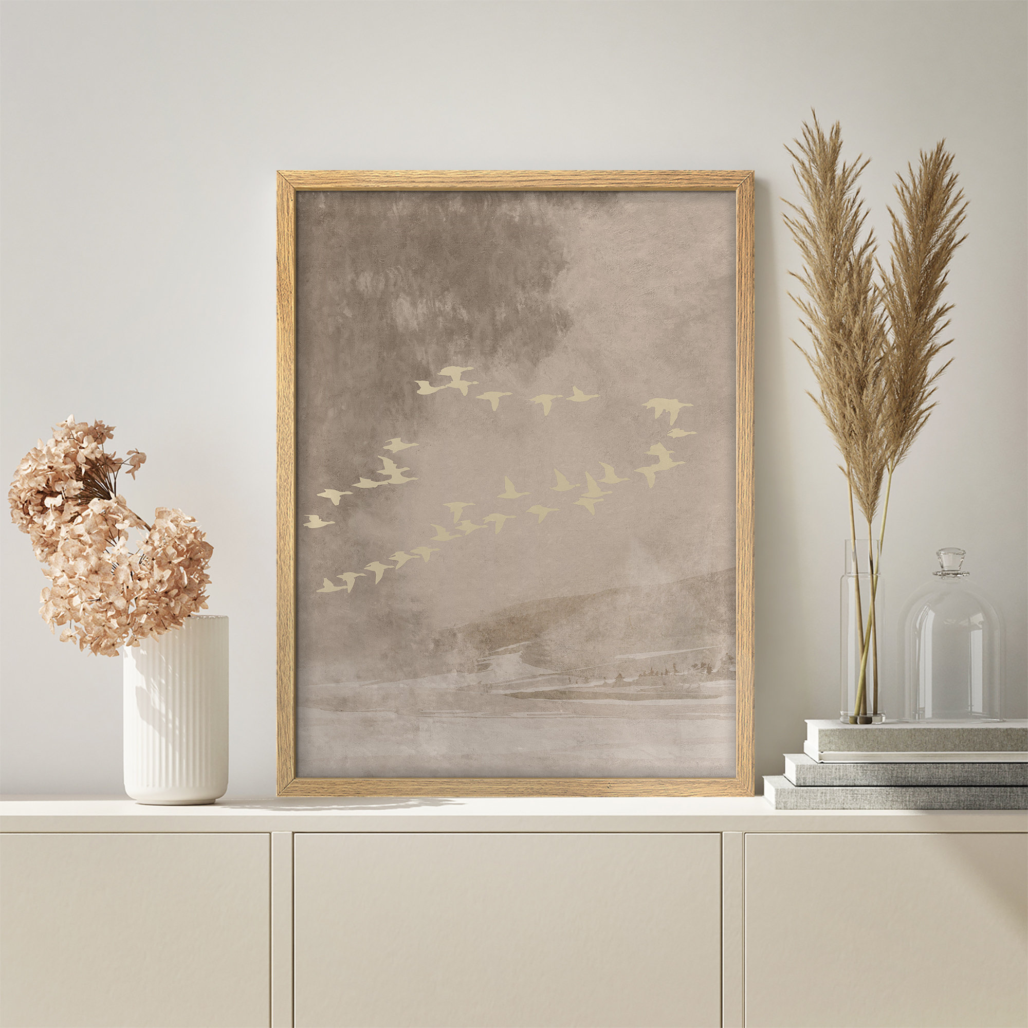 SIGNLEADER Framed Flying Birds Landscape Wall Art, Neutral Nature Scene ...
