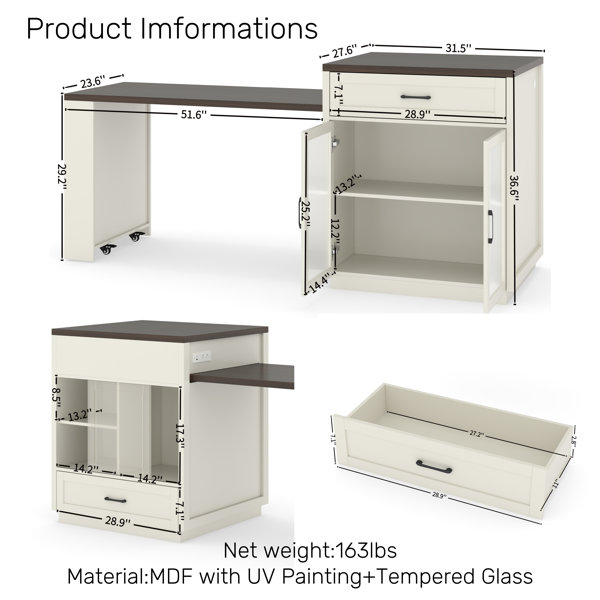 Gracie Oaks 83.1-Inch Expandable Kitchen Island With Pull-Out Dining ...