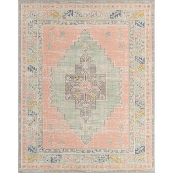 Bungalow Rose Matthei Machine Woven Performance Peach/Green/Blue Rug ...