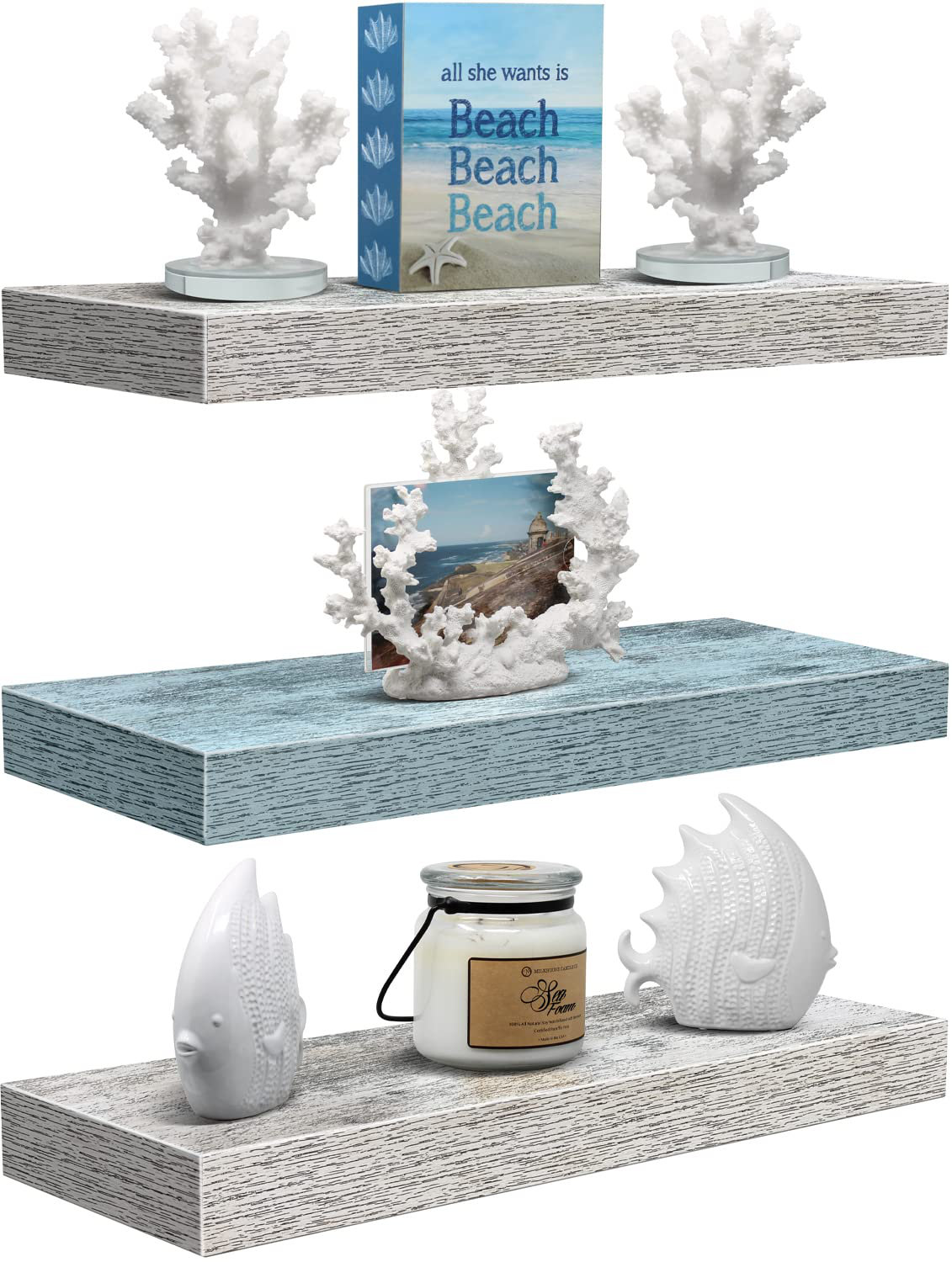Gracie Oaks Floating Shelves For Wall - 3 Pack Coastal Beach Wall Decor ...