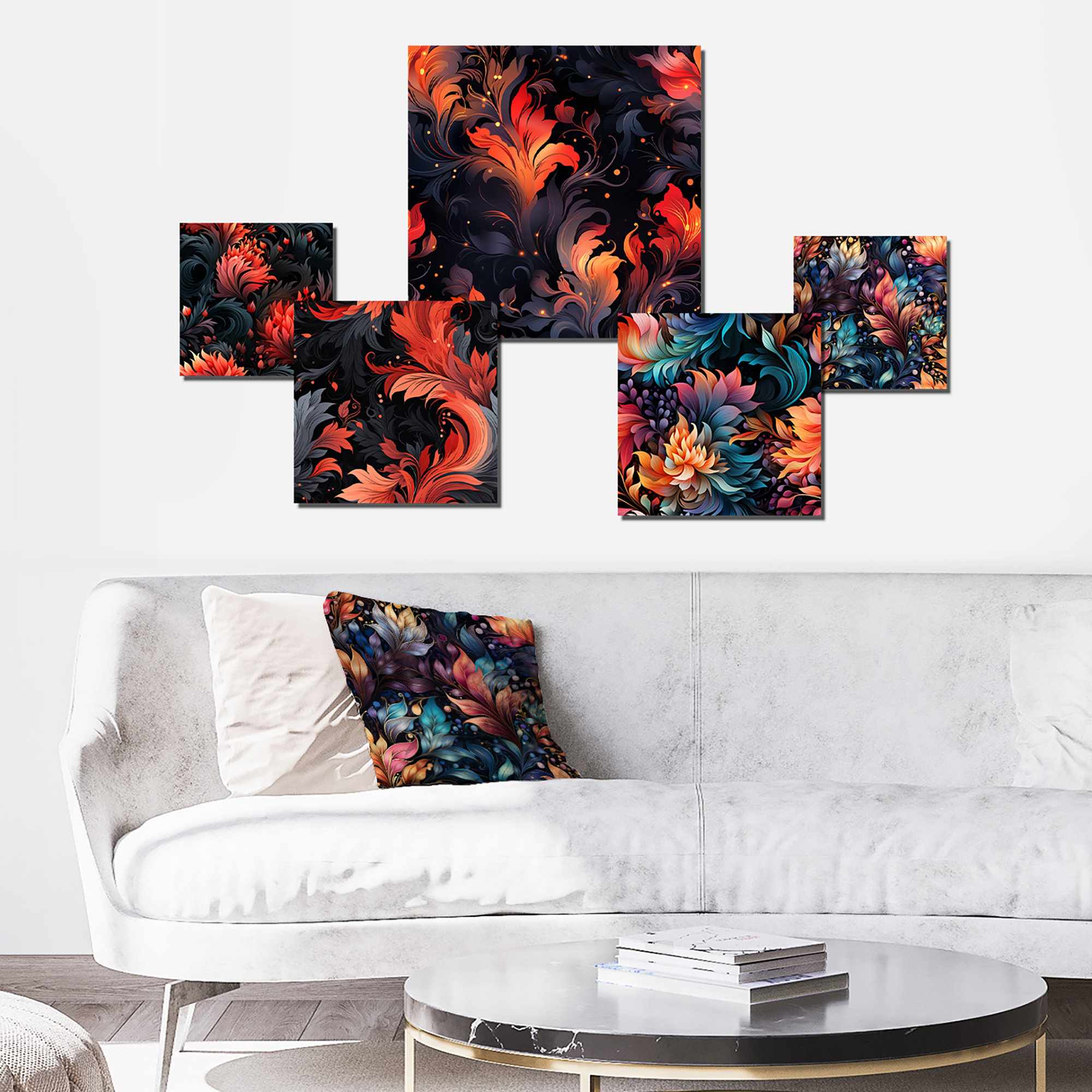 Design Art Ember Twilight Moody Patterns - Floral Wall Art Set Of 5 ...